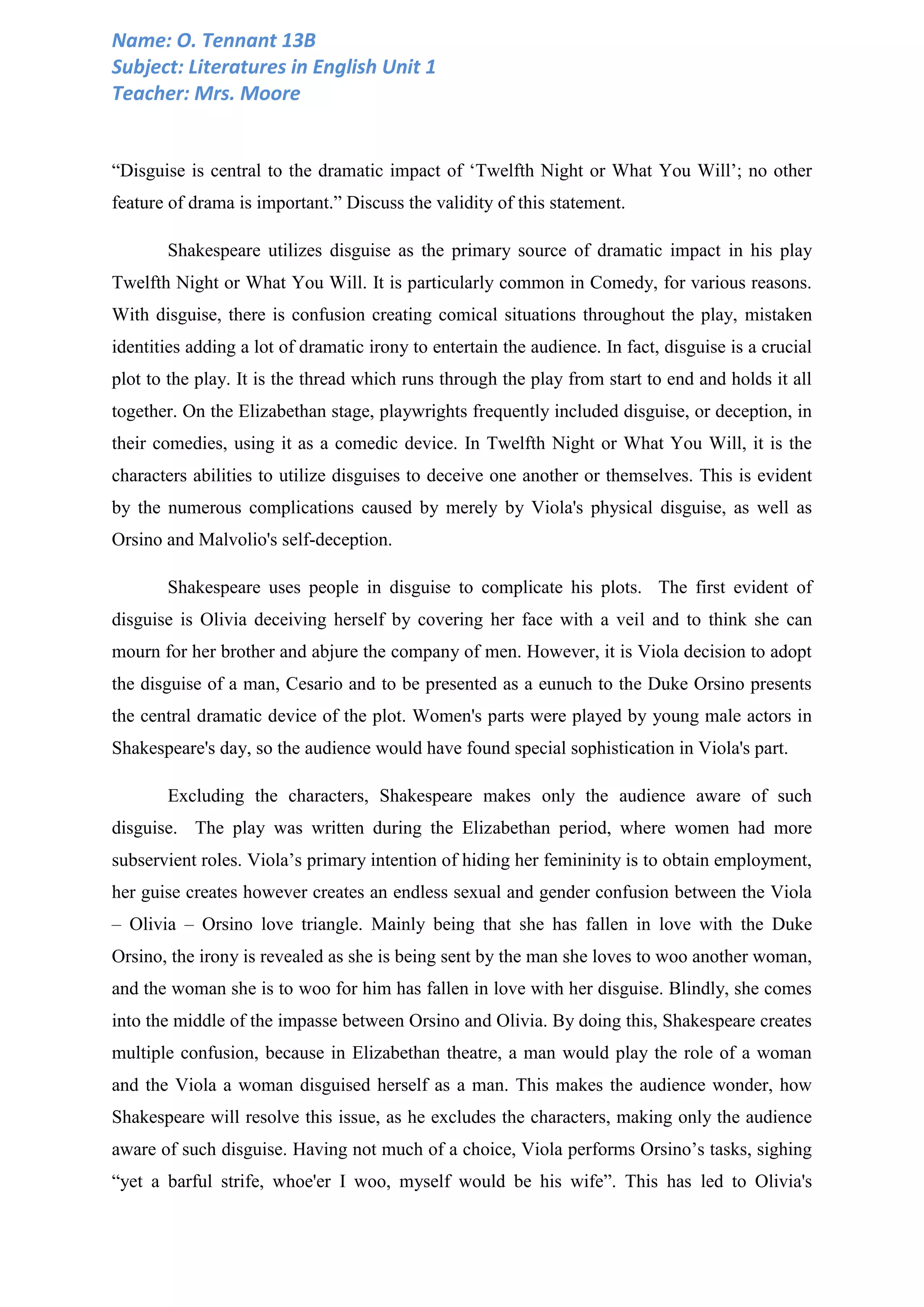 Literatures in English Unit 1 - Essay on Twelfth Night | DOCX