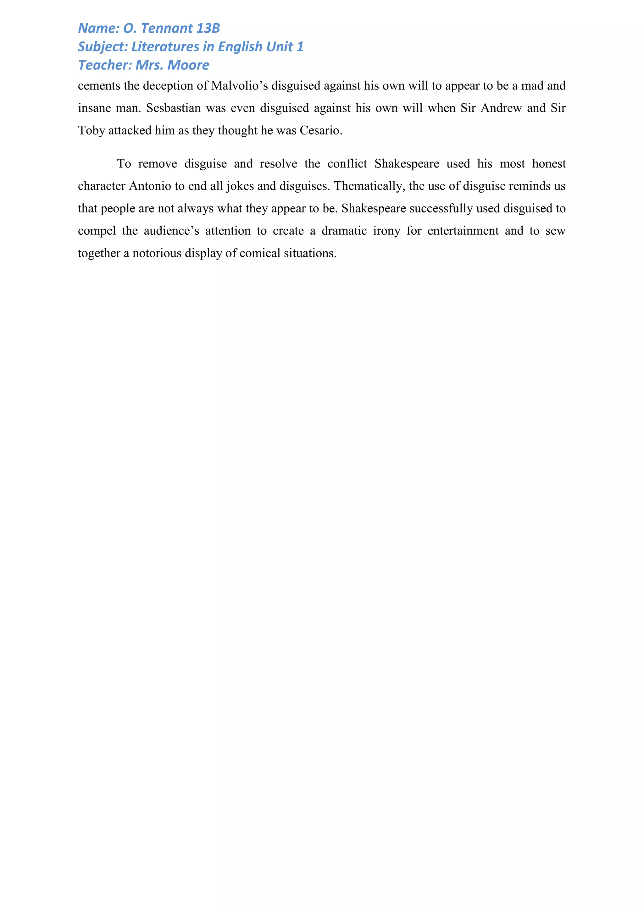 Literatures in English Unit 1 - Essay on Twelfth Night | DOCX