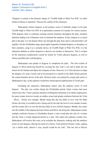 Literatures in English Unit 1 - Essay on Twelfth Night | DOCX