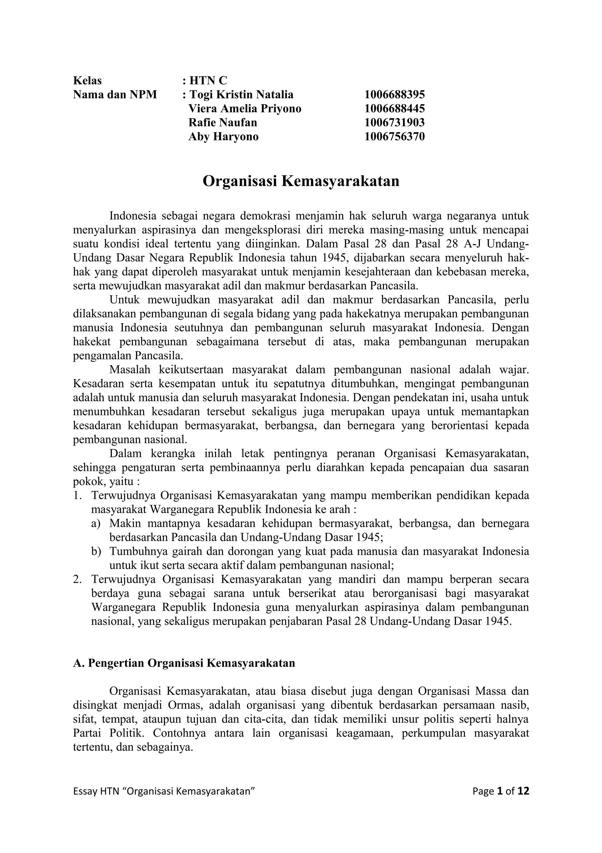 Essay HTN Organisasi Masyarakat | DOC