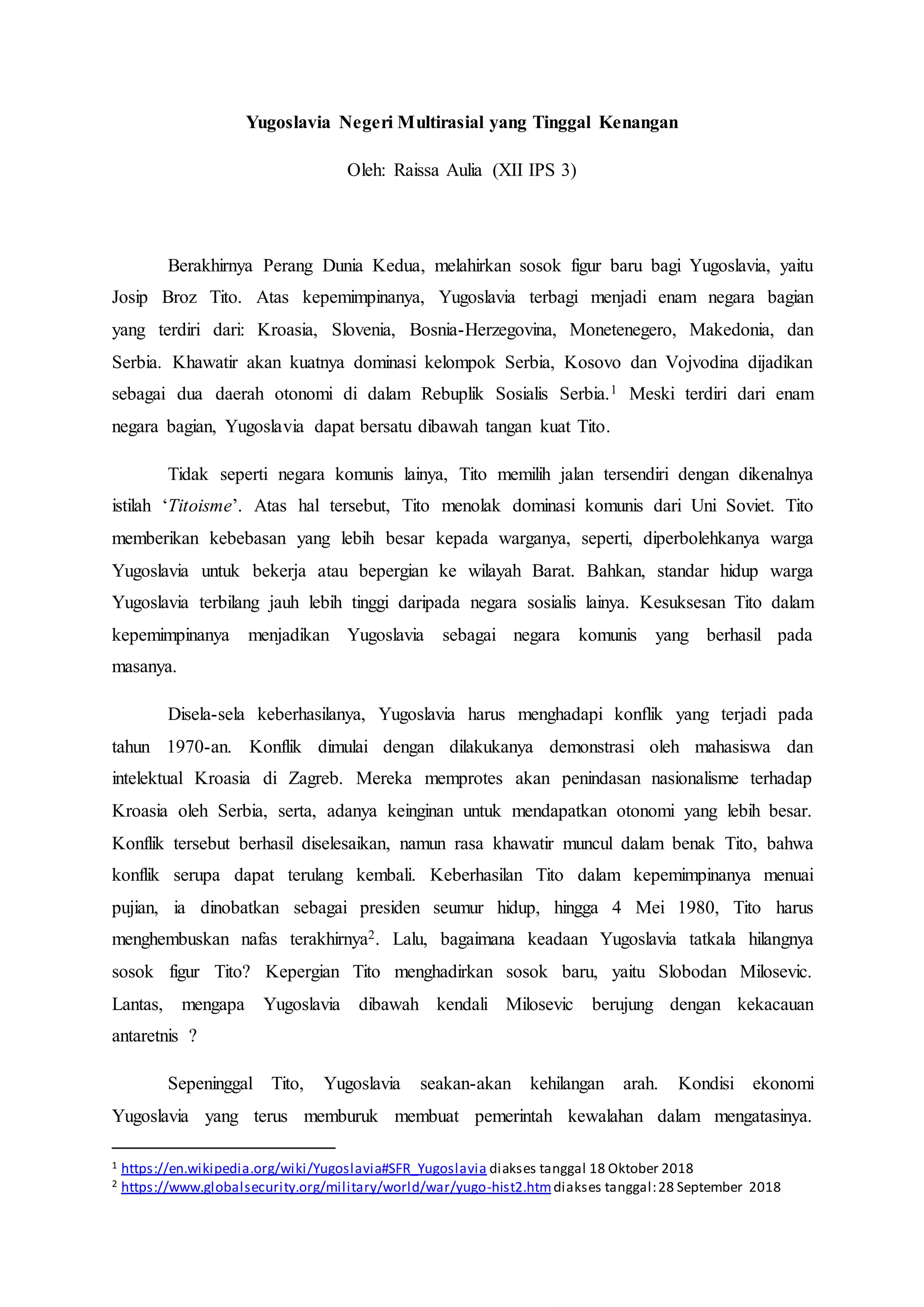 Contoh Essay Perpecahan Yugoslavia | DOCX
