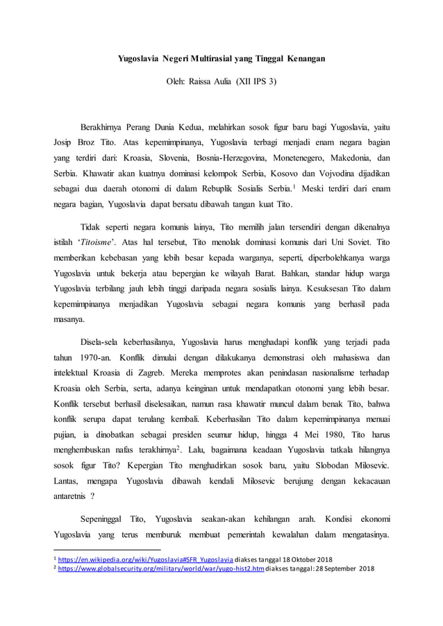 Contoh Essay Perpecahan Yugoslavia | PDF