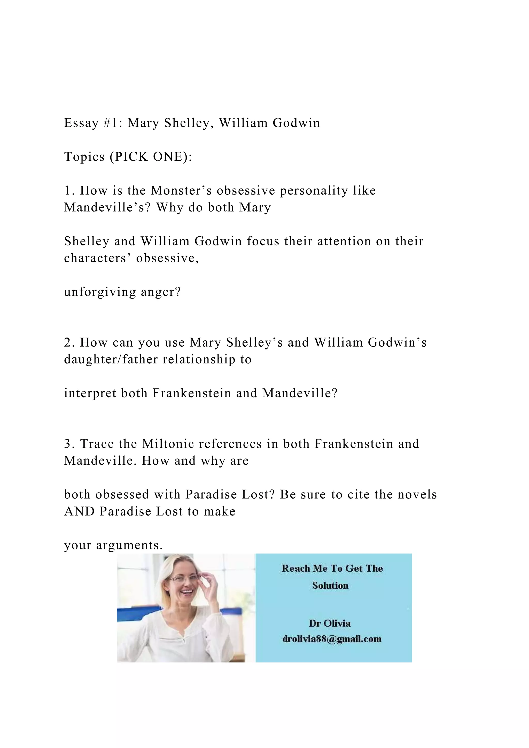 Essay #1 Mary Shelley, William GodwinTopics (PICK ONE).docx