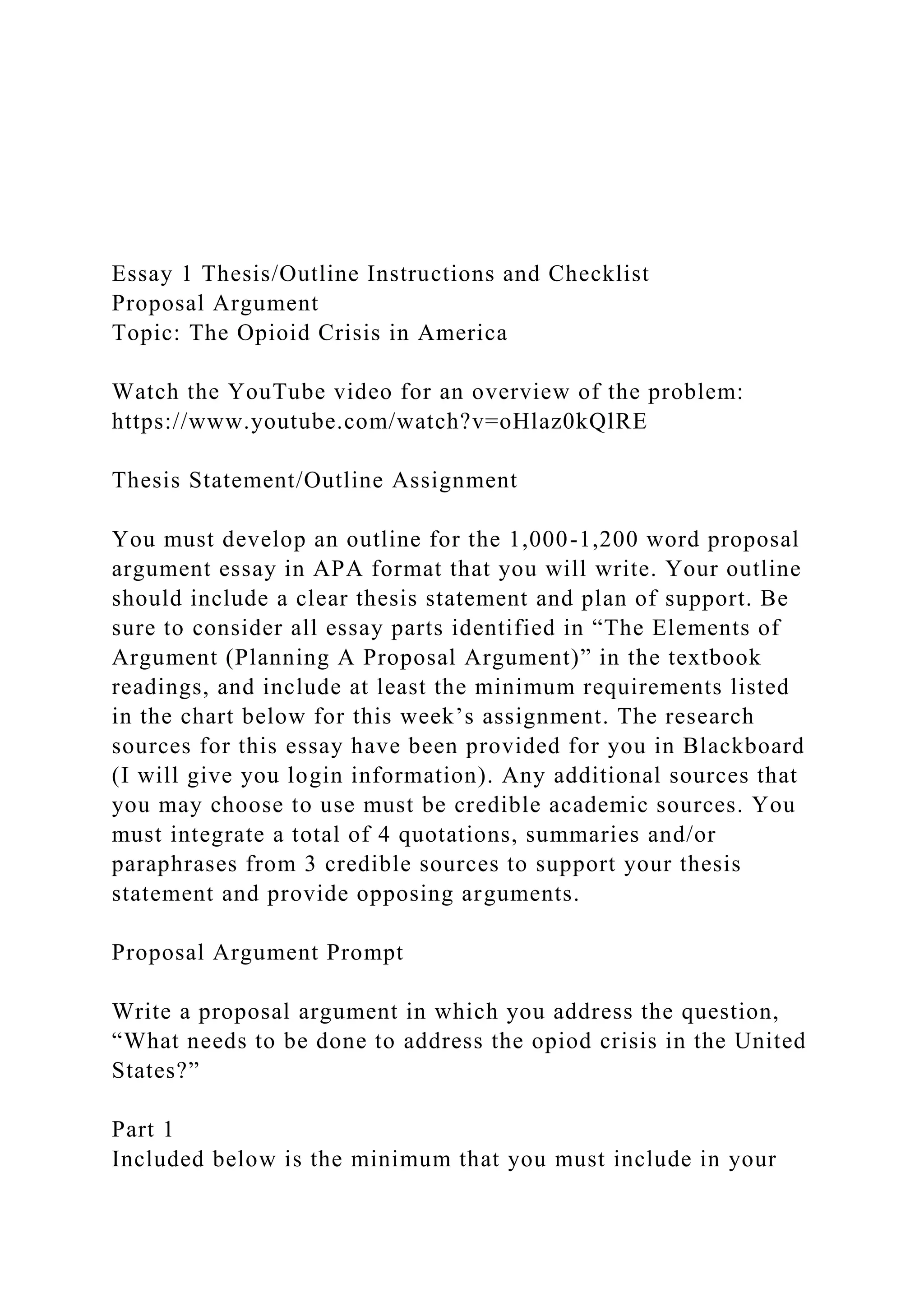 Essay 1 ThesisOutline Instructions and ChecklistProposal .docx