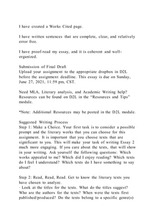 Essay 2 Comparative Literary AnalysisENGL 2327 Survey of Ame | DOCX