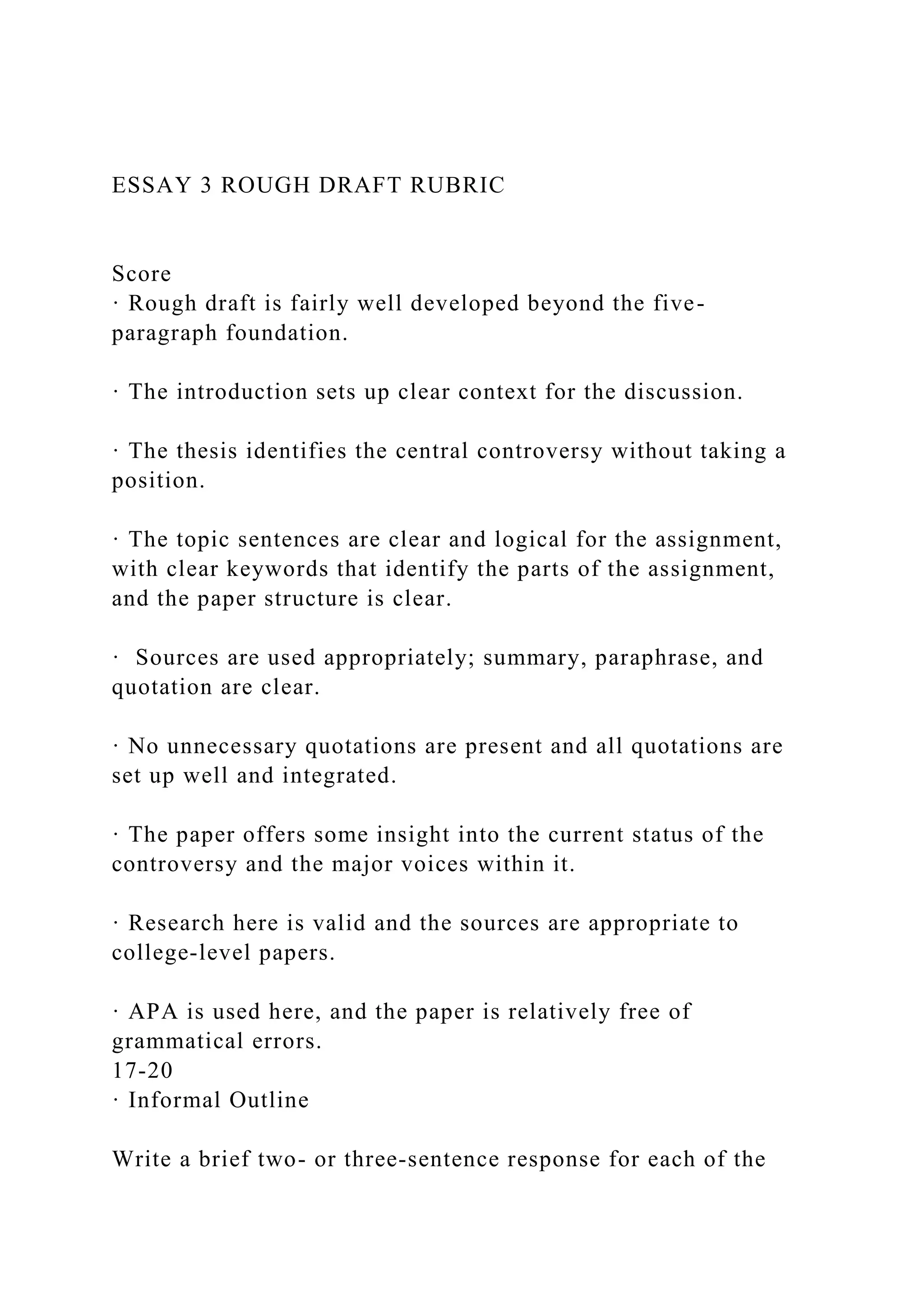 ESSAY 3 ROUGH DRAFT RUBRICScore· Rough draft is fairly wel.docx | First ...