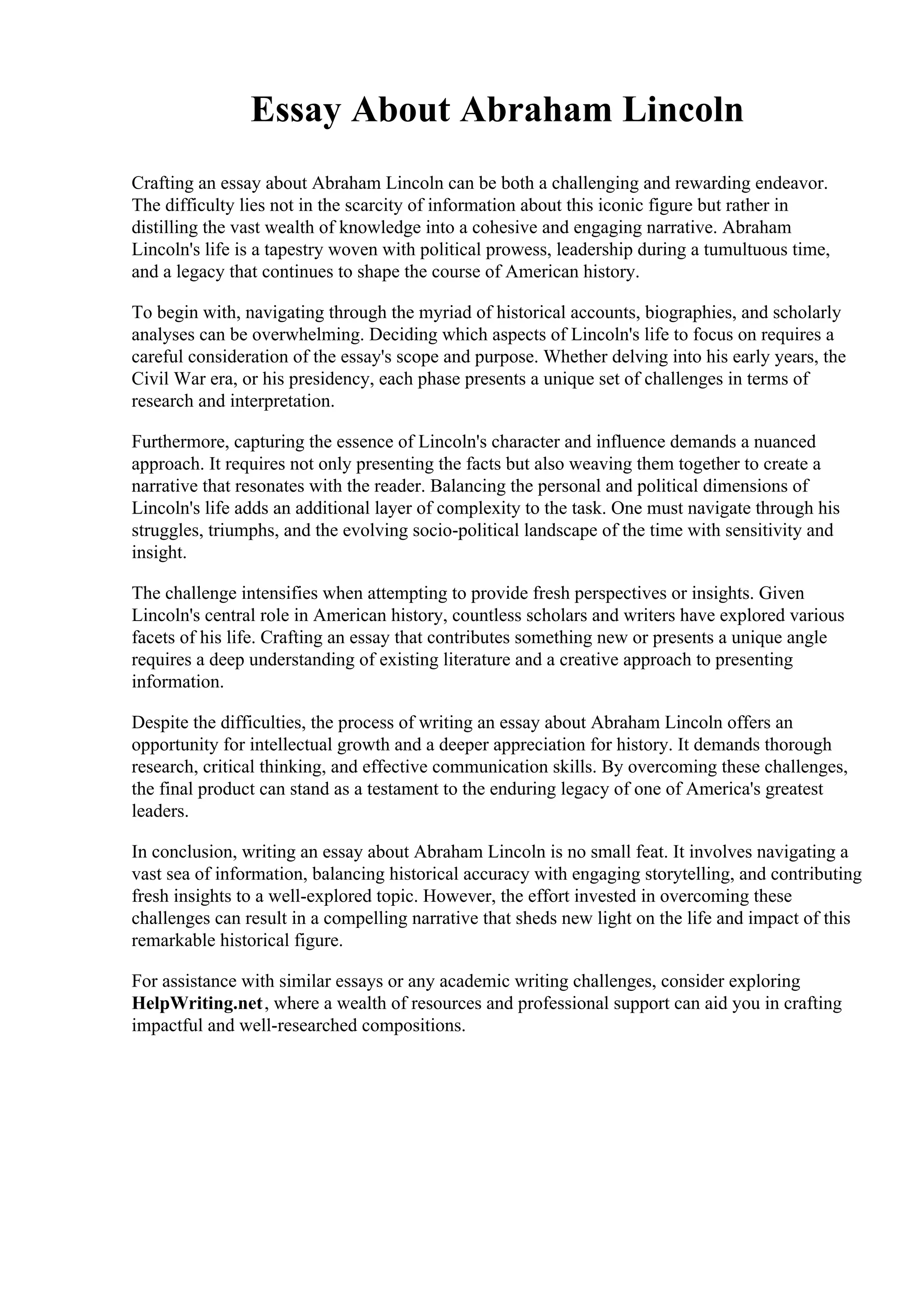 Essay About Abraham Lincoln. Chabot College | PDF