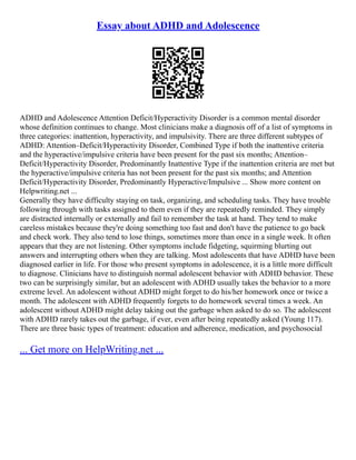 Essay About ADHD And Adolescence | PDF