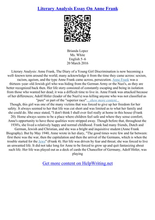 Essay About Anne Frank | PDF
