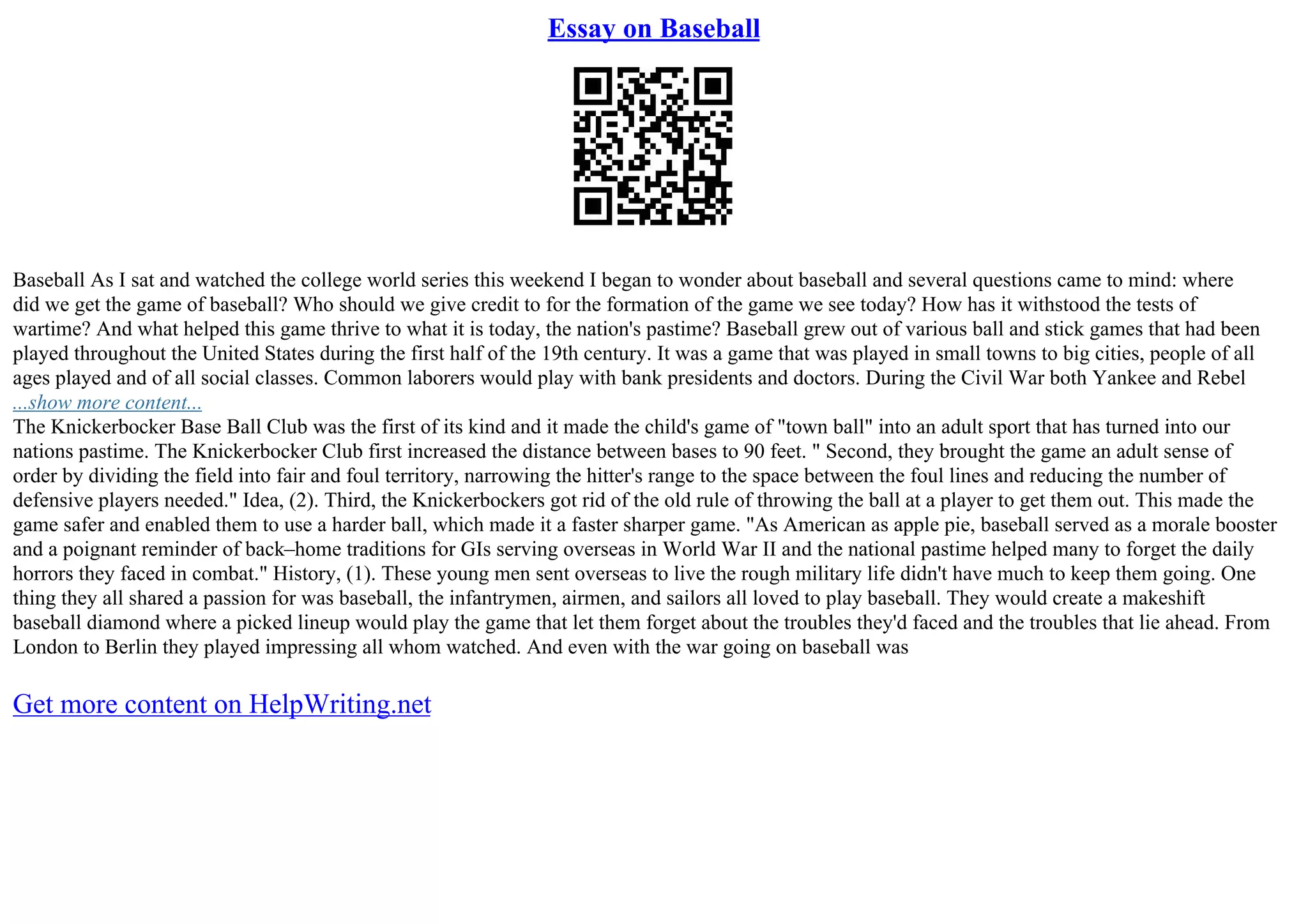 Essay About Baseball | PPT