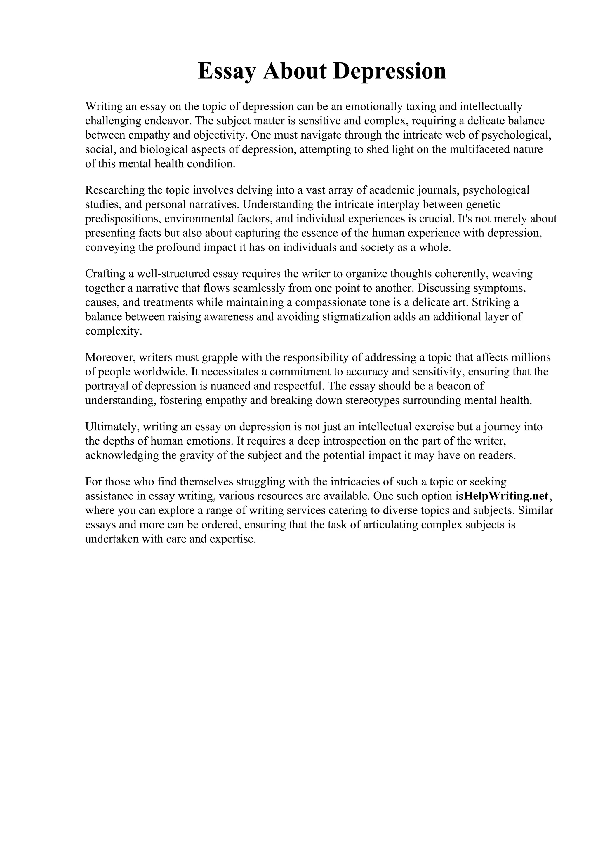 Essay About Depression. Argumentative Essay On Depression - Great ...