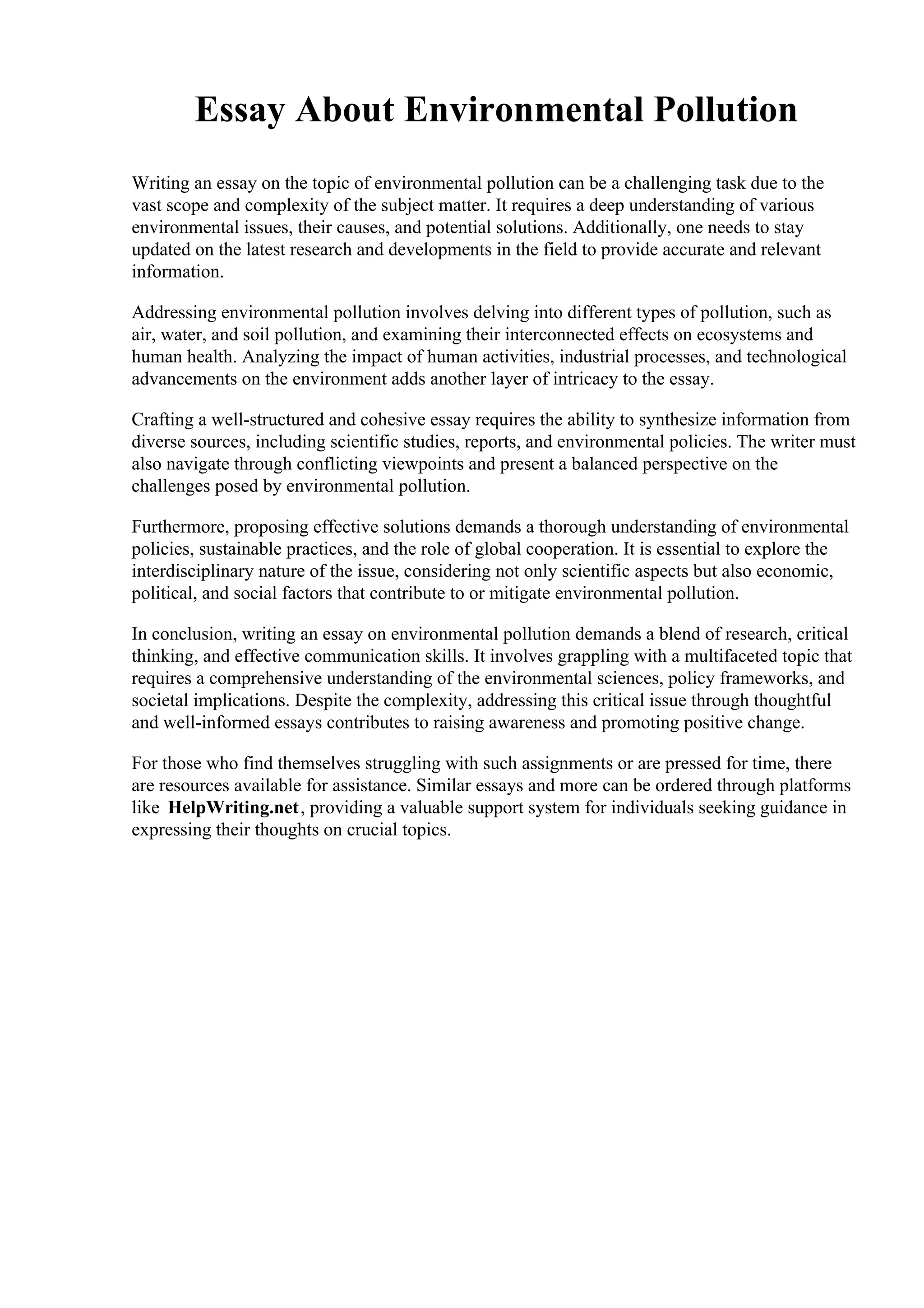 Essay About Environmental Pollution | PDF