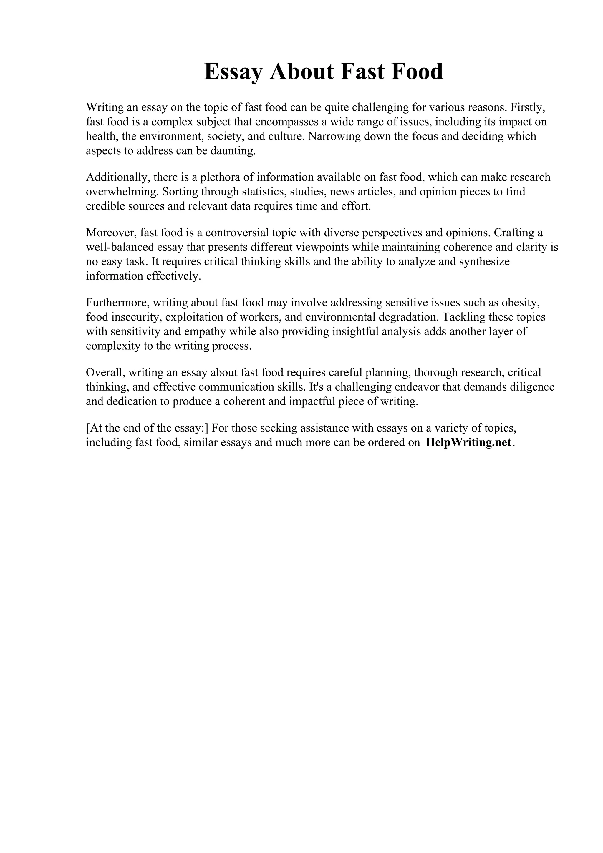 Essay About Fast Food | PDF