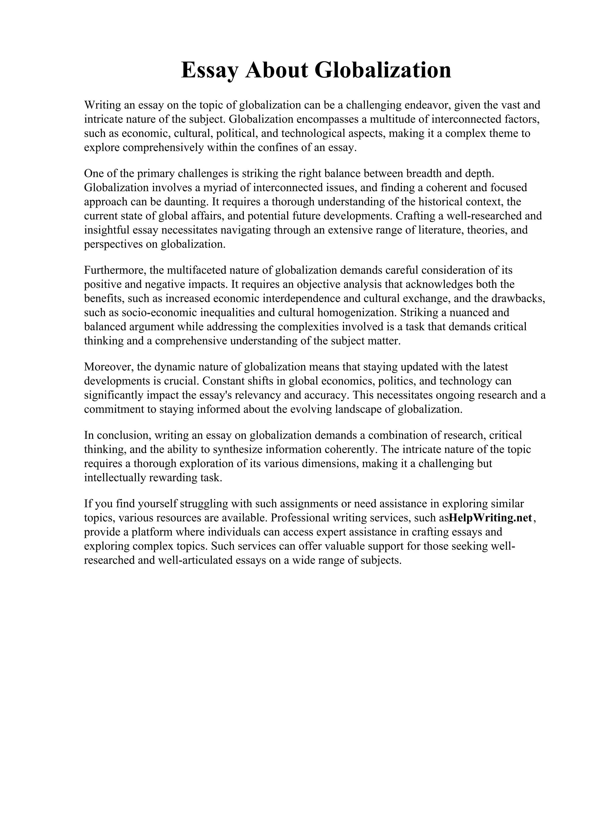 Essay About Globalization. Globalization and Its Effect on the World Essay | PDF