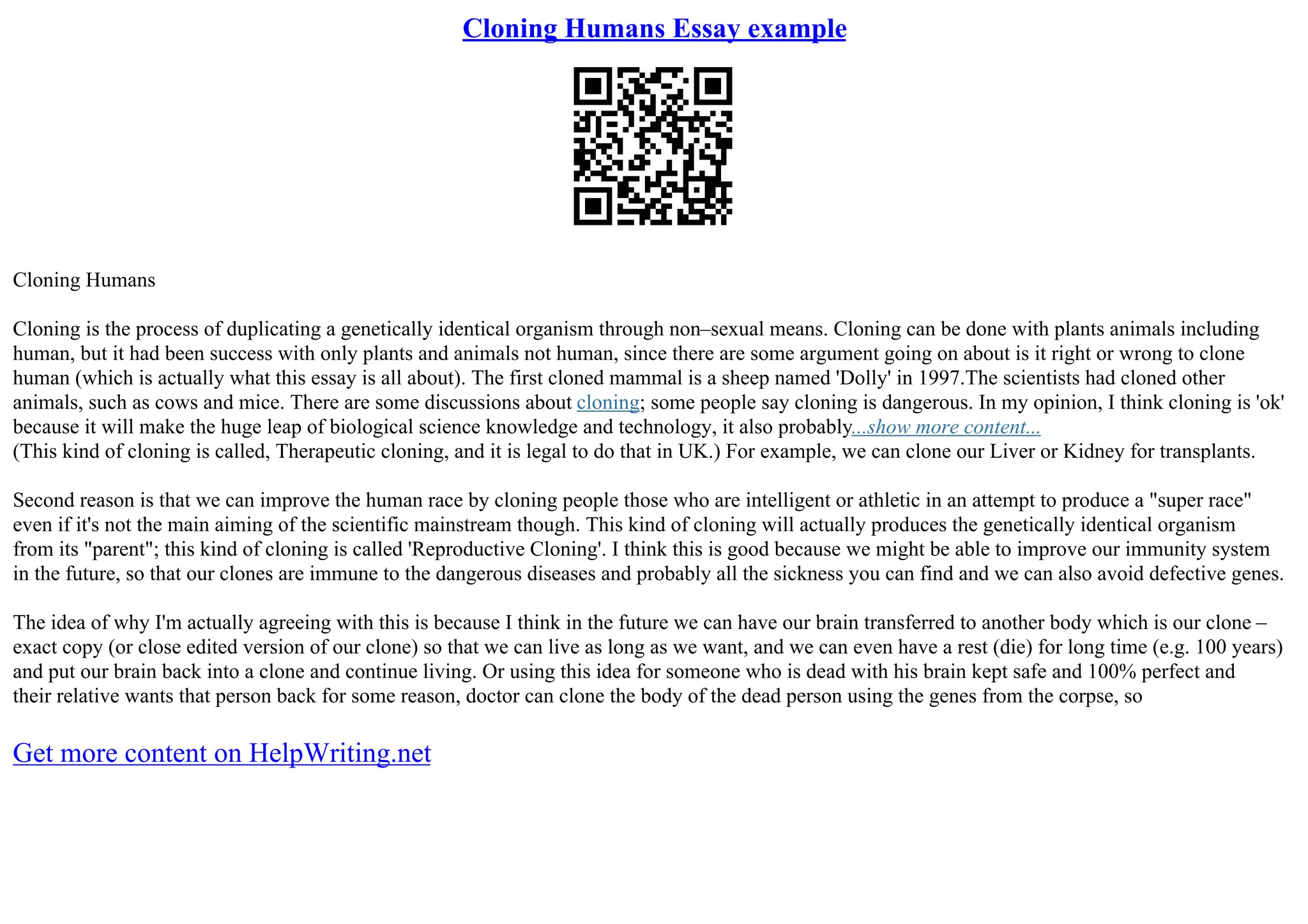 Essay About Human Cloning | PDF | Biological Sciences | Science