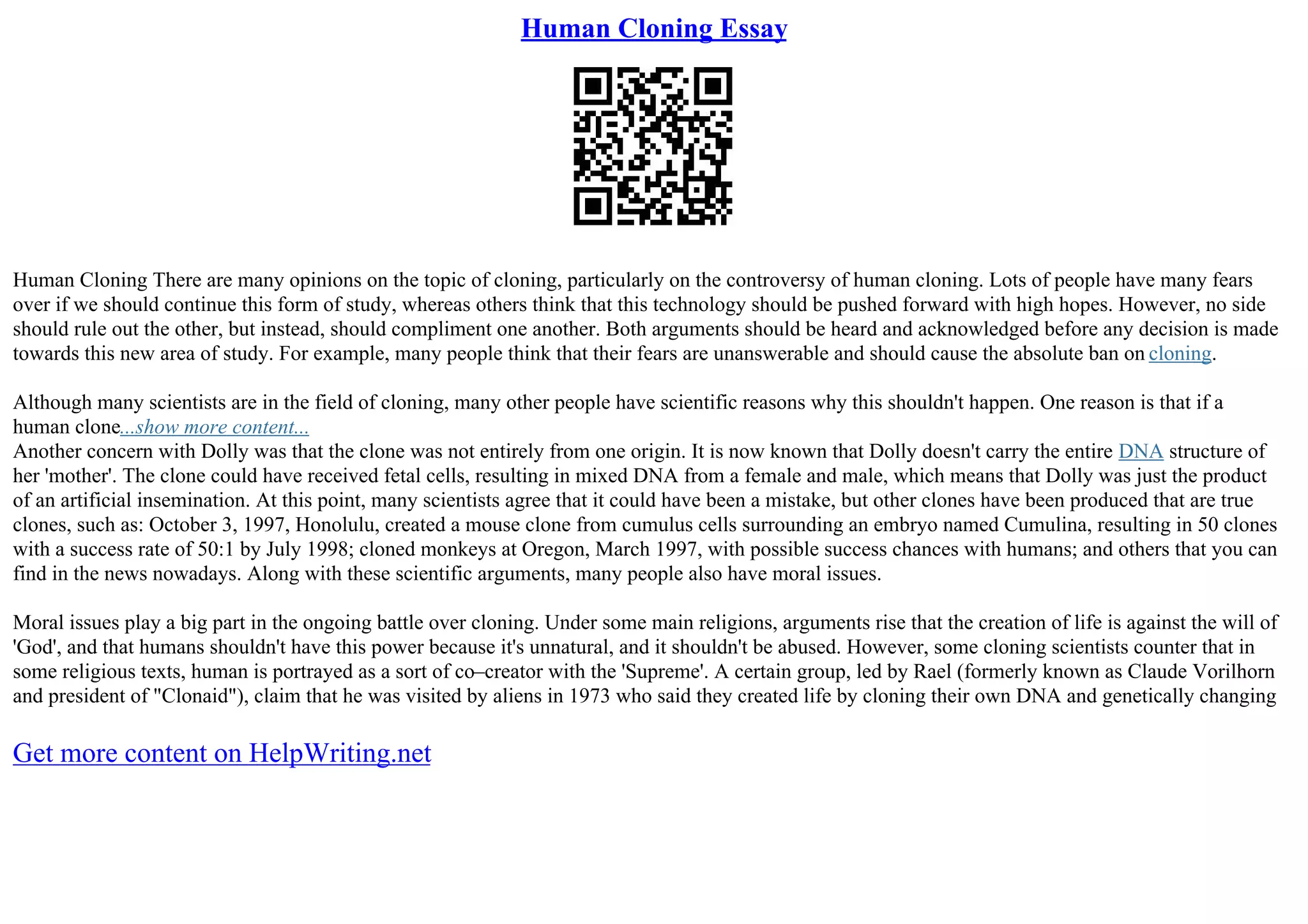 Essay About Human Cloning | PDF