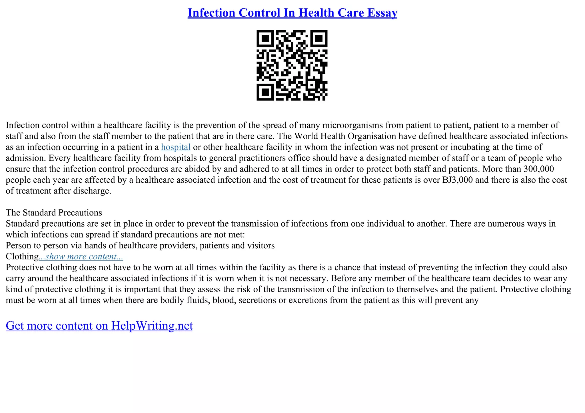 Essay About Infection Control | PDF