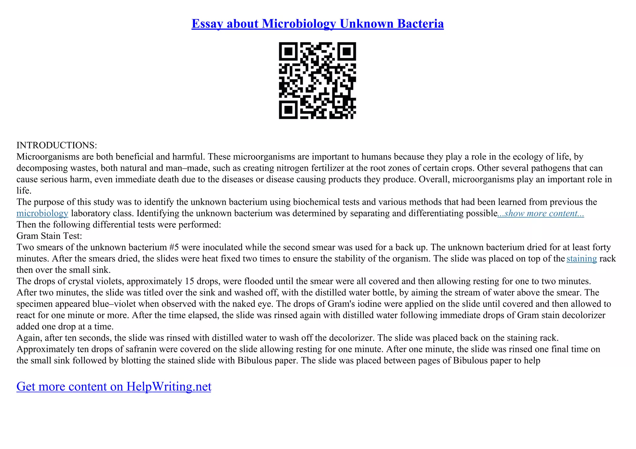 Essay About Microbiology Unknown Bacteria | PDF