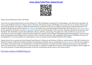 Essay About Nobel Prize Ahmed Zewail | PPT