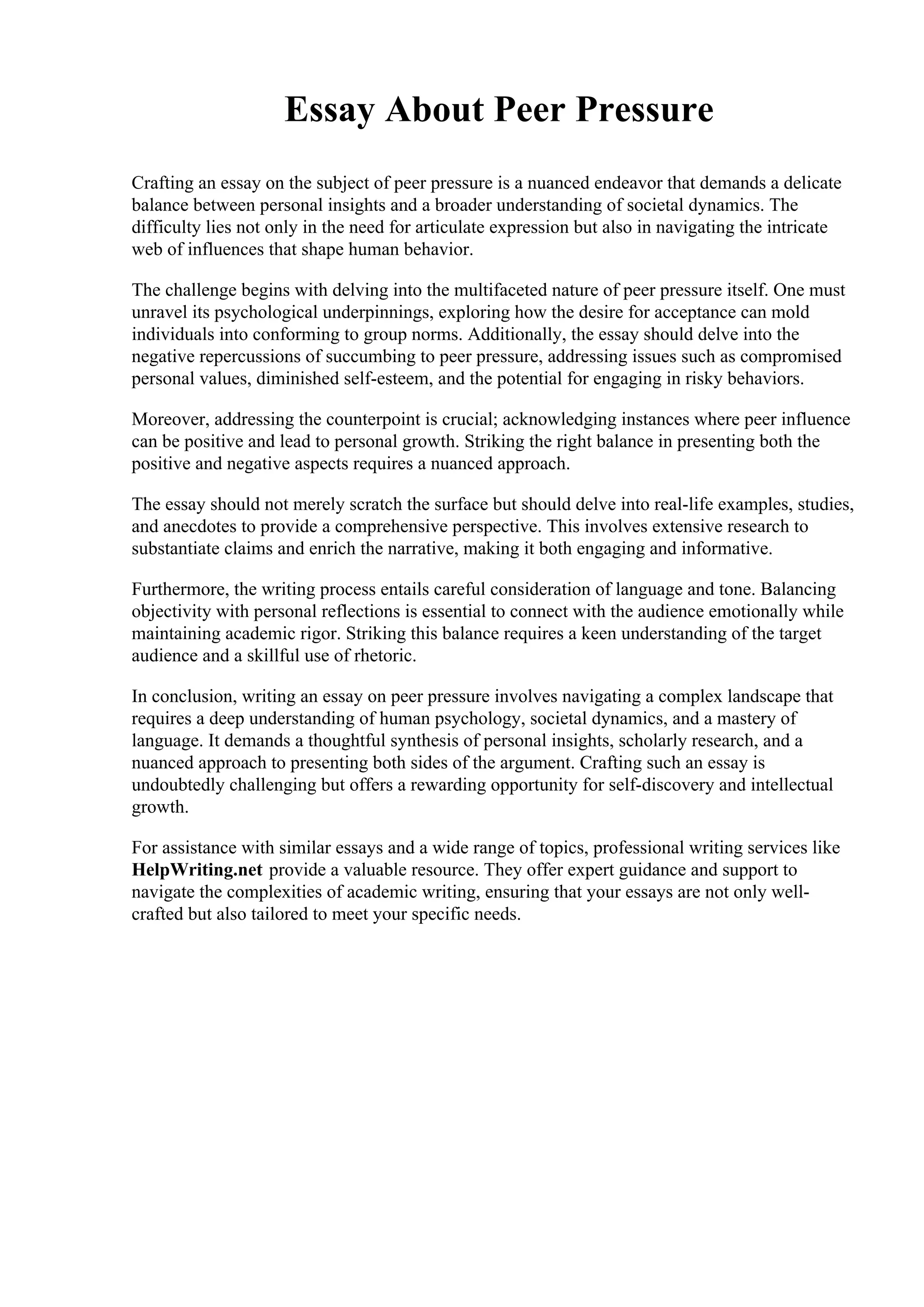 Essay About Peer Pressure. Viterbo University | PDF | Education