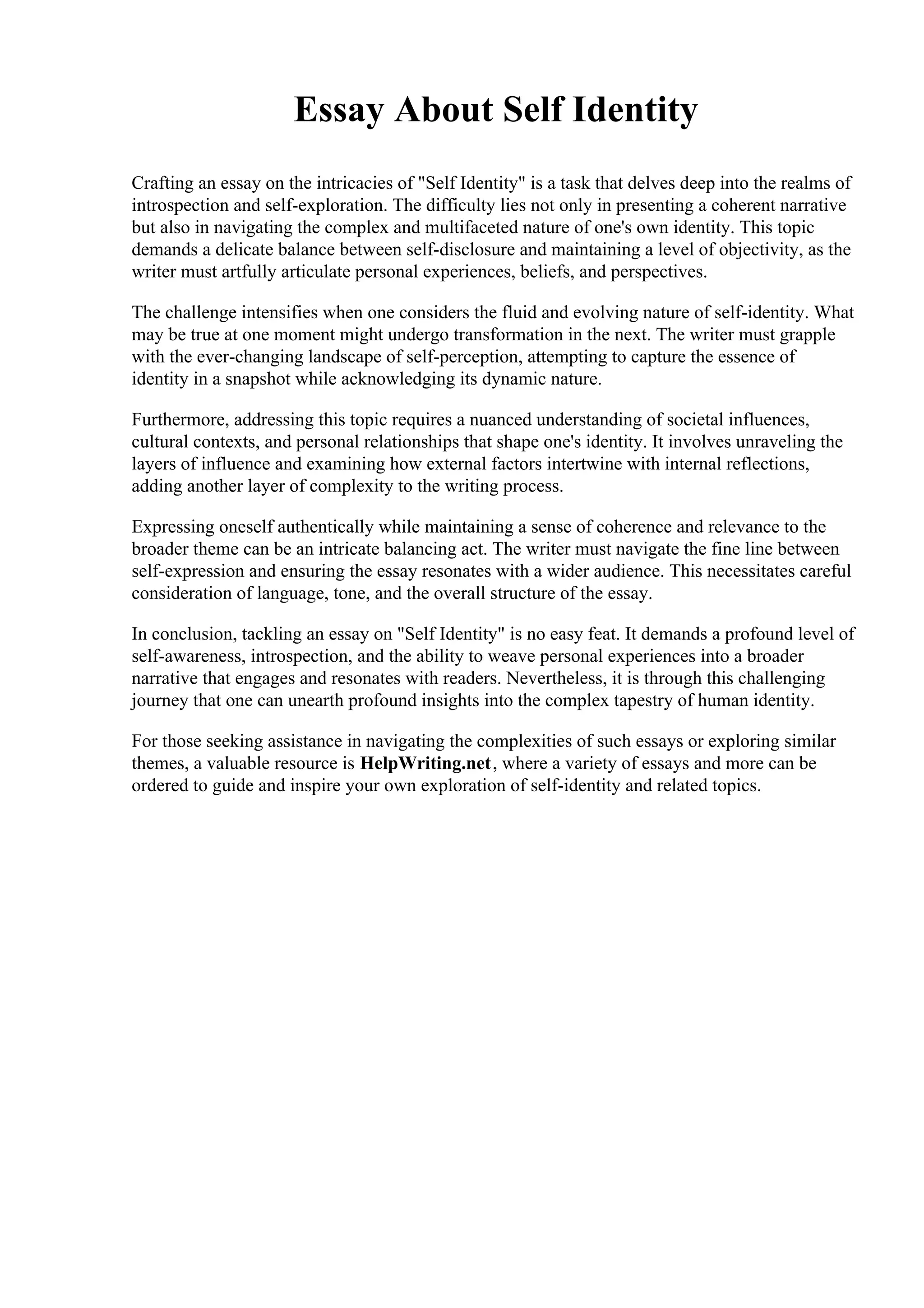 Essay About Self Identity. Kettering University | PDF