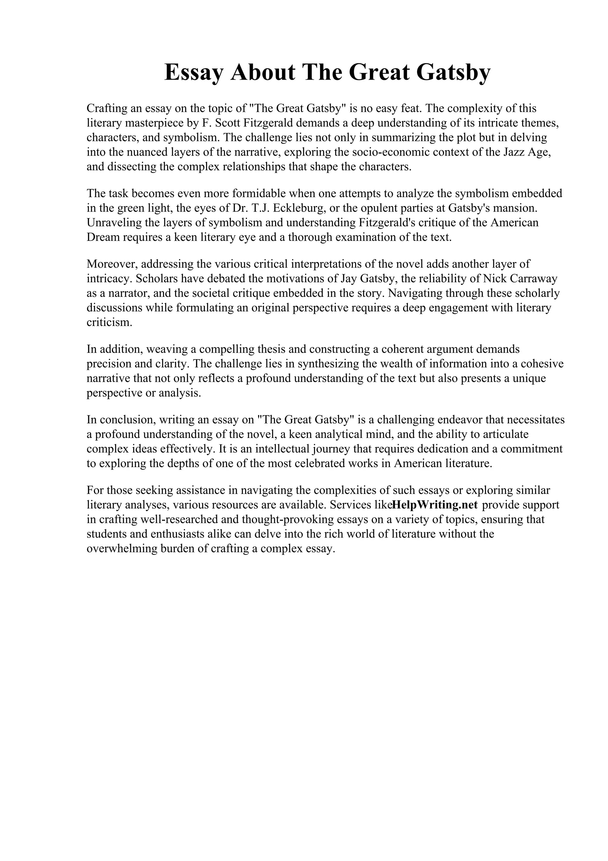 Essay About The Great Gatsby. The great gatsby essay - A-Level English ...