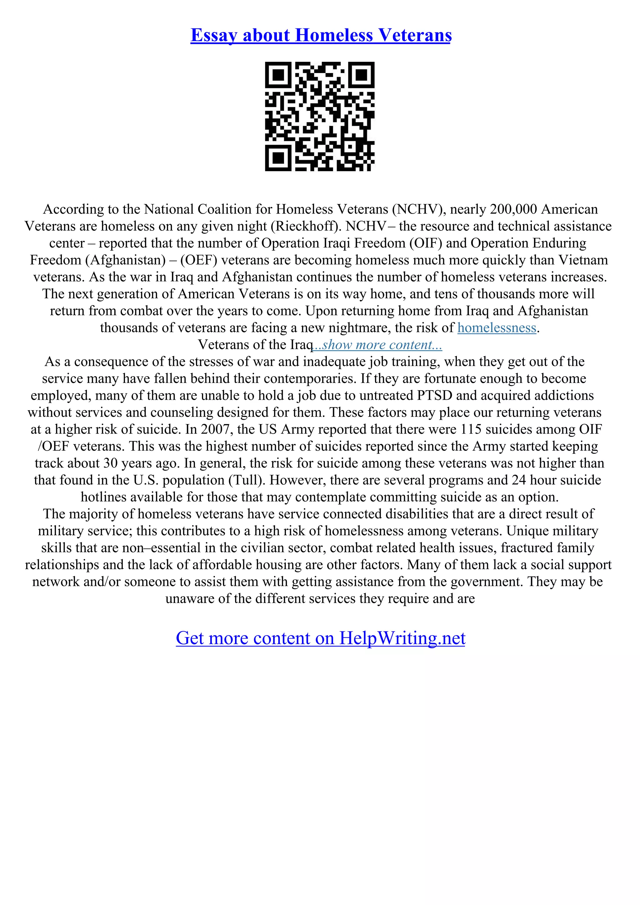 Essay About Veterans | PDF | Mental Health | Diseases and Conditions