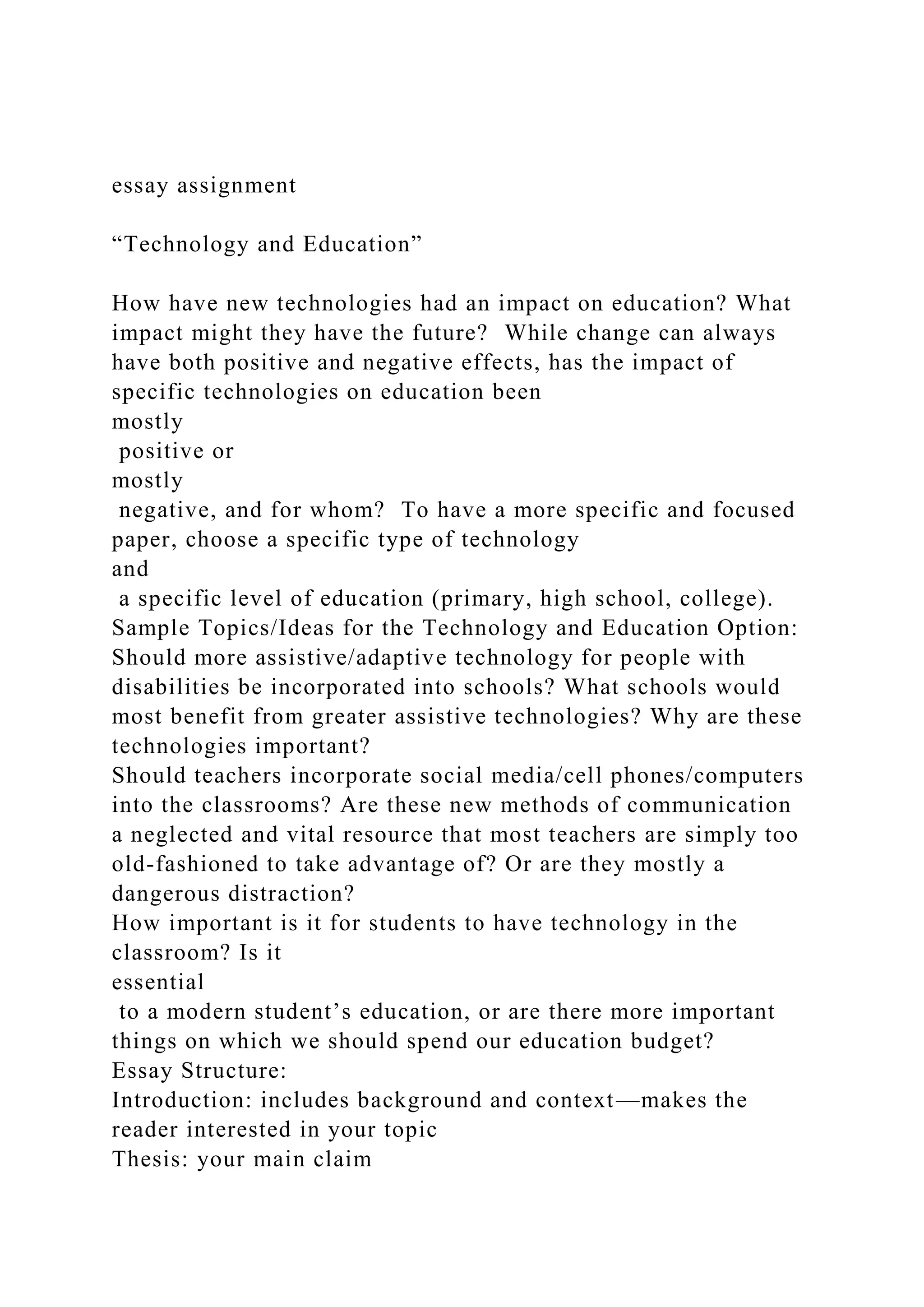 essay assignmentTechnology and Education”How have new tec.docx ...