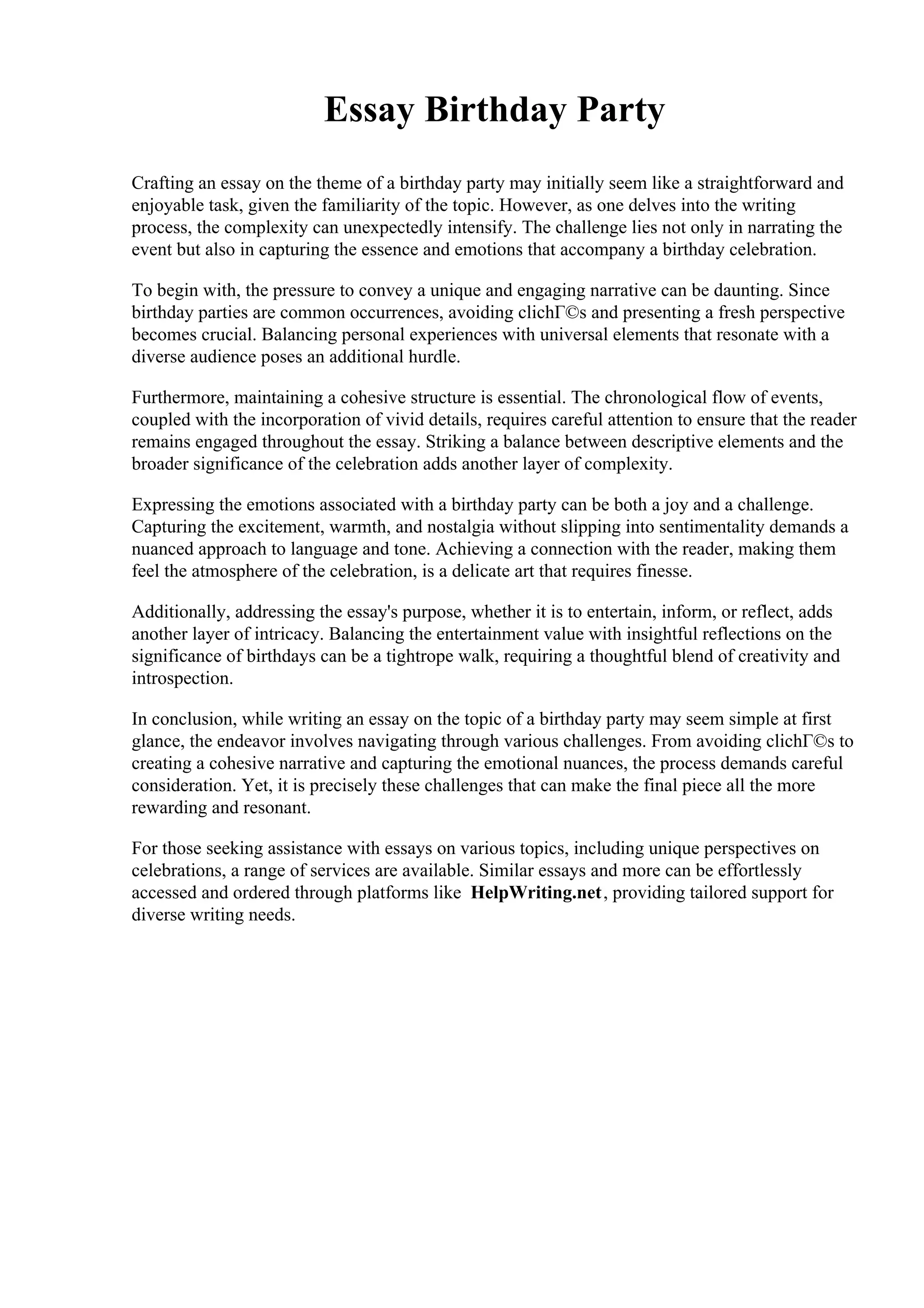 Essay Birthday Party. Niagara County Community College | PDF