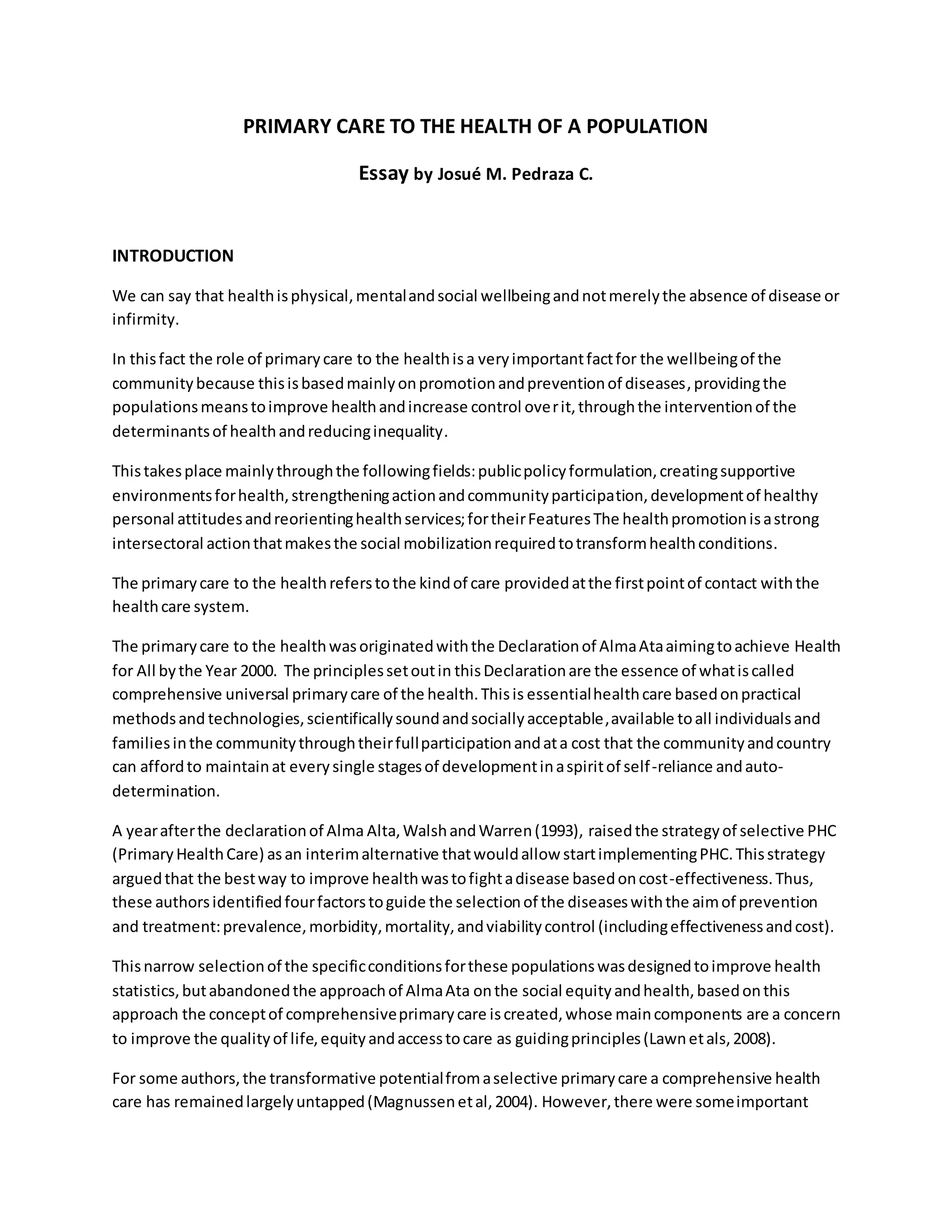 Essay care to the health of a population | DOCX | Health Insurance ...