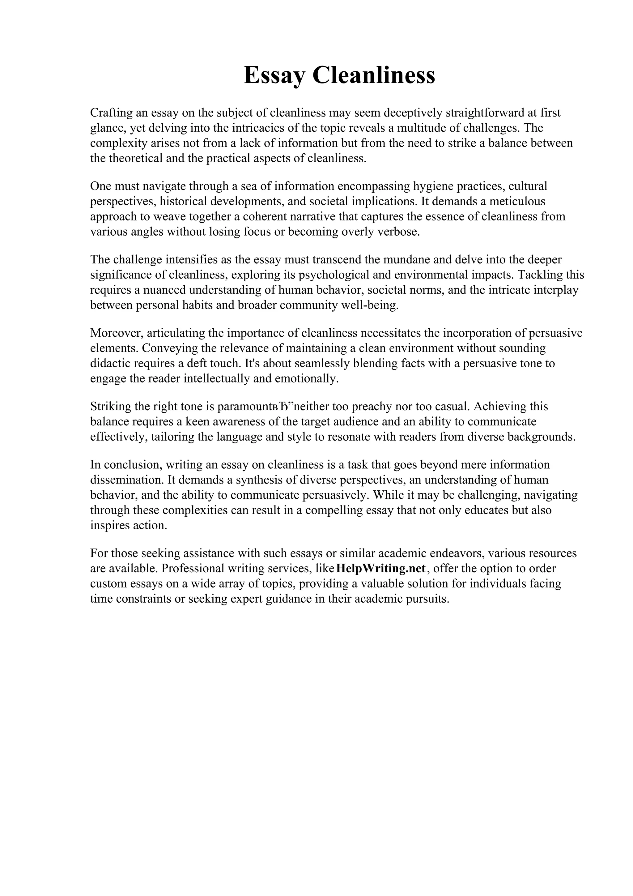 Essay Cleanliness. 010 Essay About Cleanliness In School Example 100101 ...