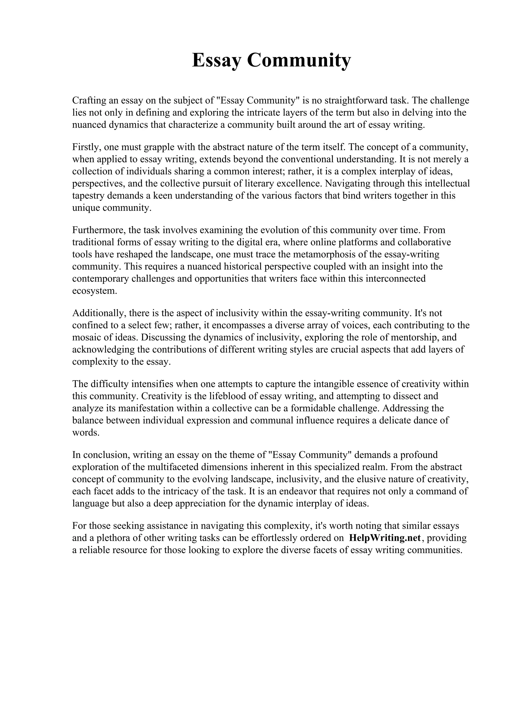 Essay Community. University of Saint Mary | PDF