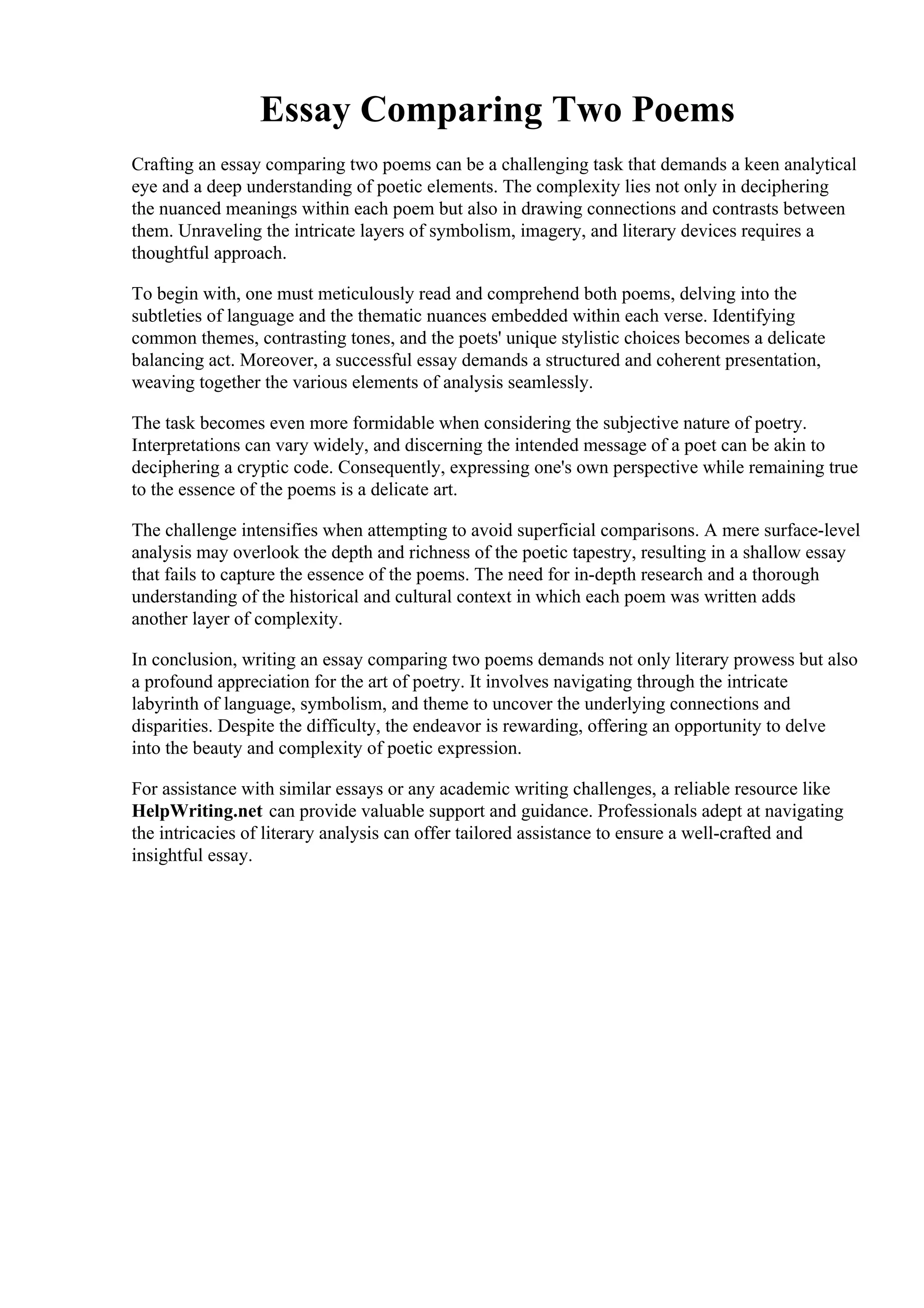 Essay Comparing Two Poems. Gcse poetry essay coursework | PDF