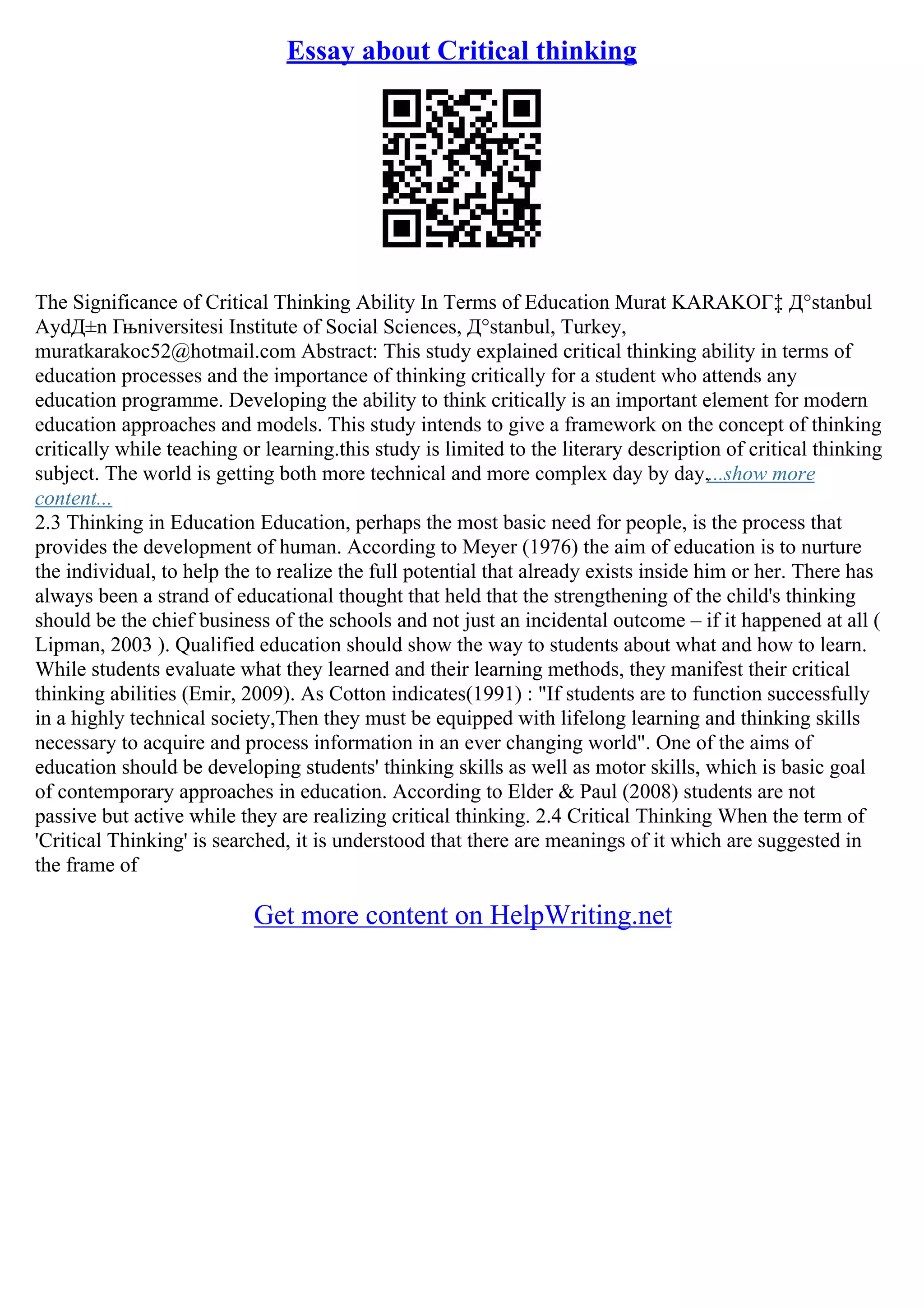 Essay Critical Thinking | PDF | Educational Assessment | Education