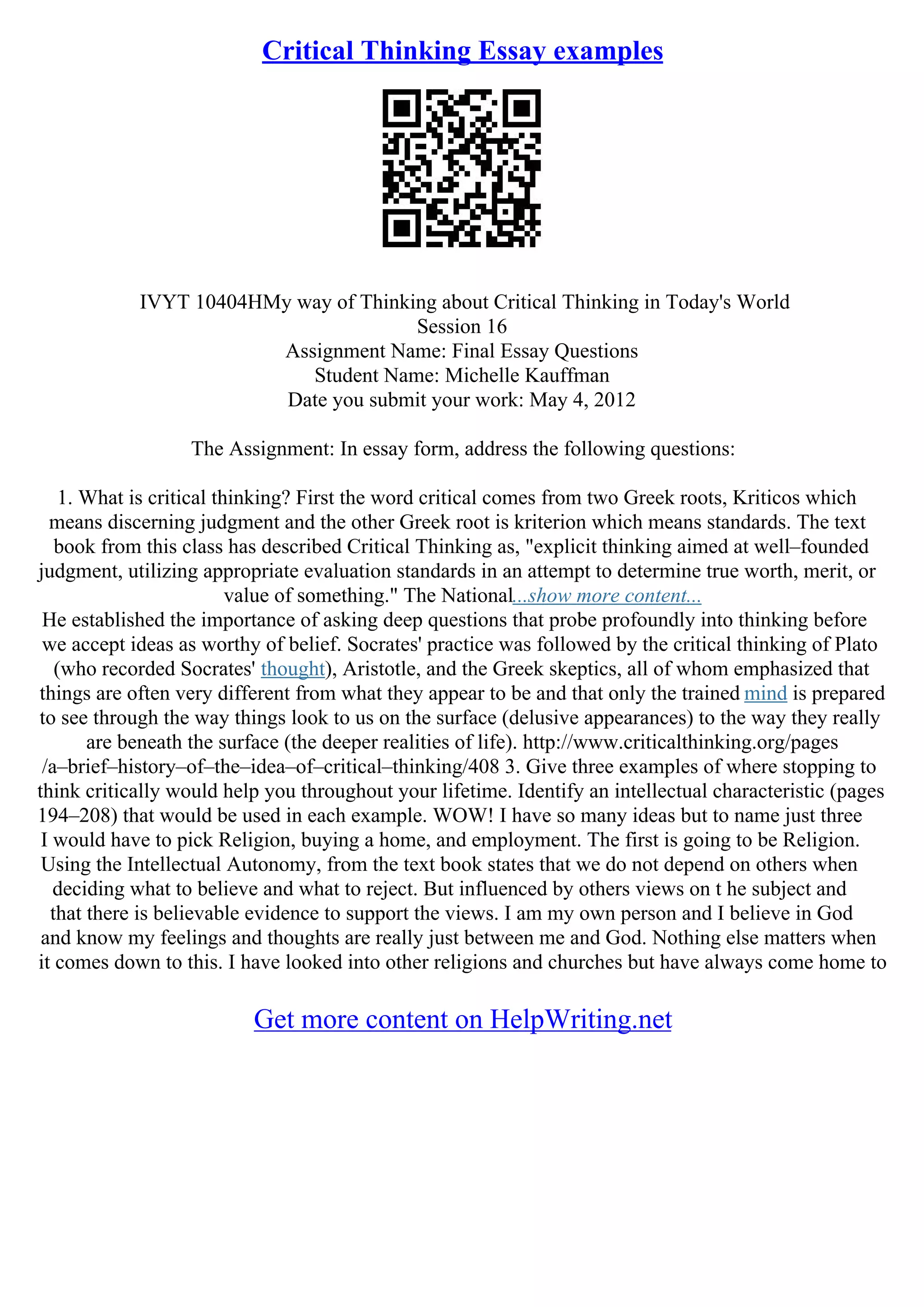 Essay Critical Thinking | PDF | Educational Assessment | Education