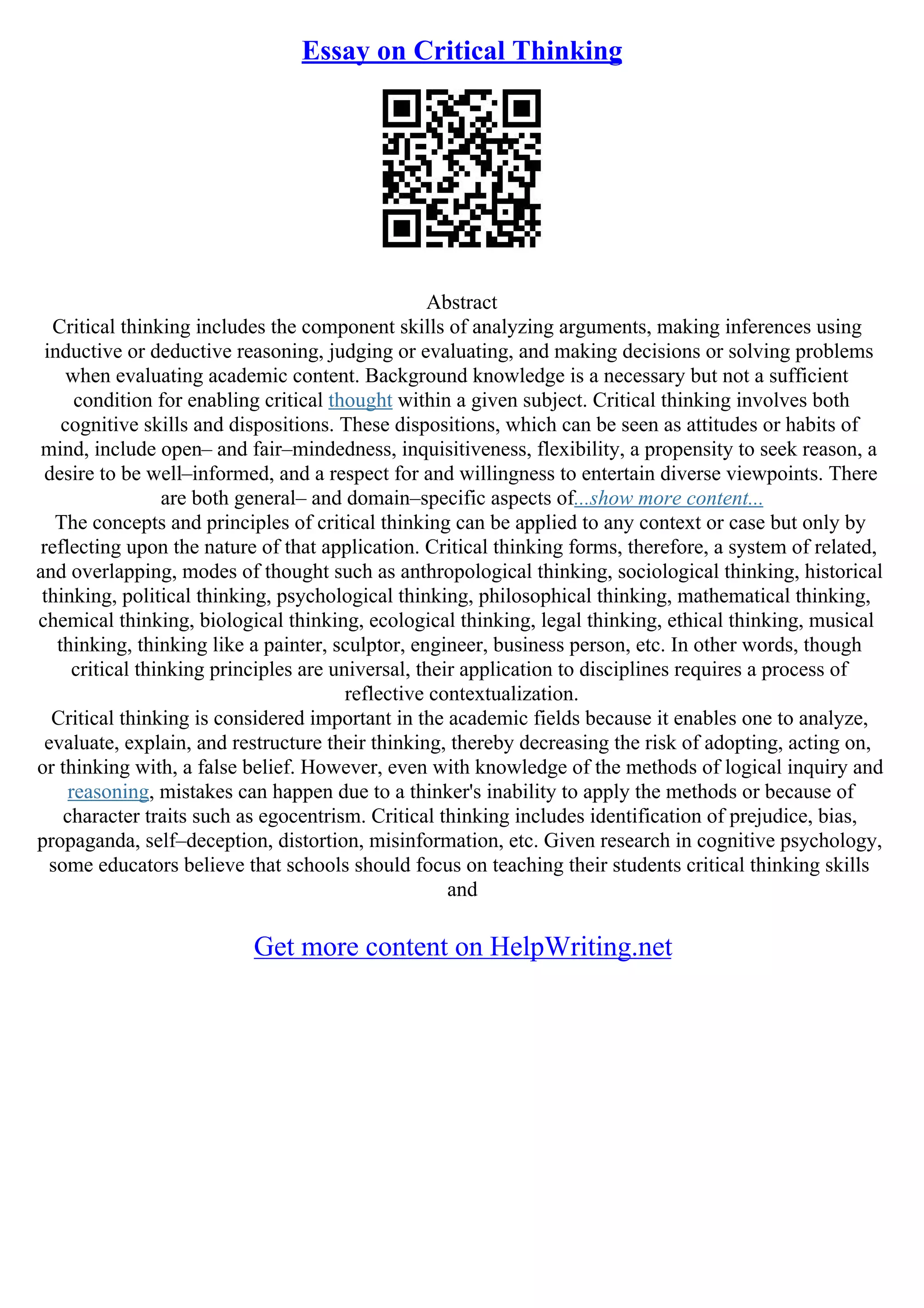 Essay Critical Thinking | PDF | Educational Assessment | Education