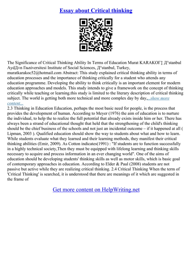 Essay Critical Thinking | PDF | Educational Assessment | Education