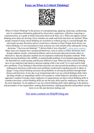 Essay Critical Thinking | PDF | Educational Assessment | Education