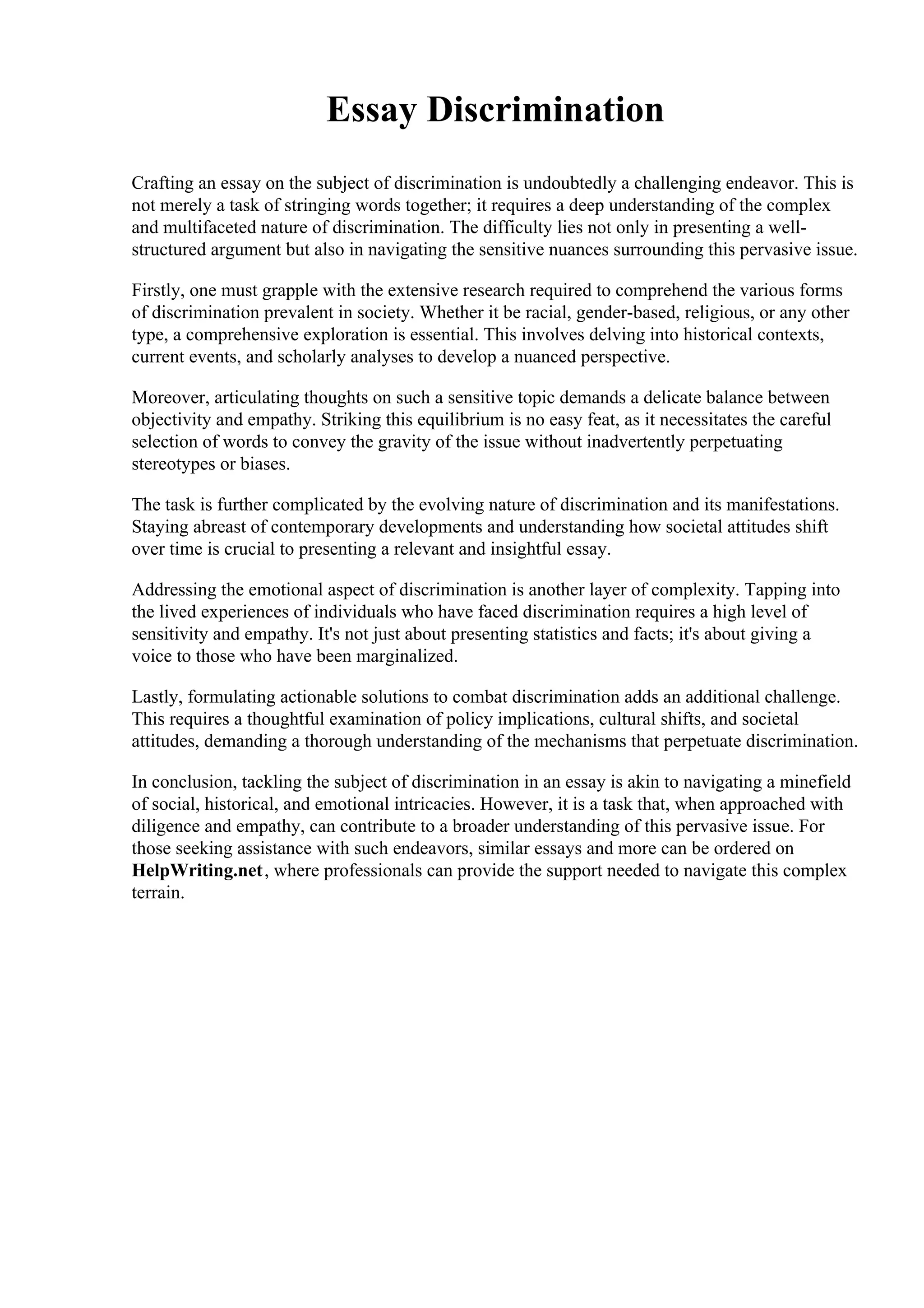 Essay Discrimination. Western Nevada College | PDF