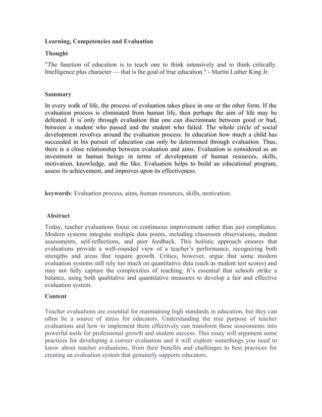 Essay about Learning, competencies and Evaluation. | PDF
