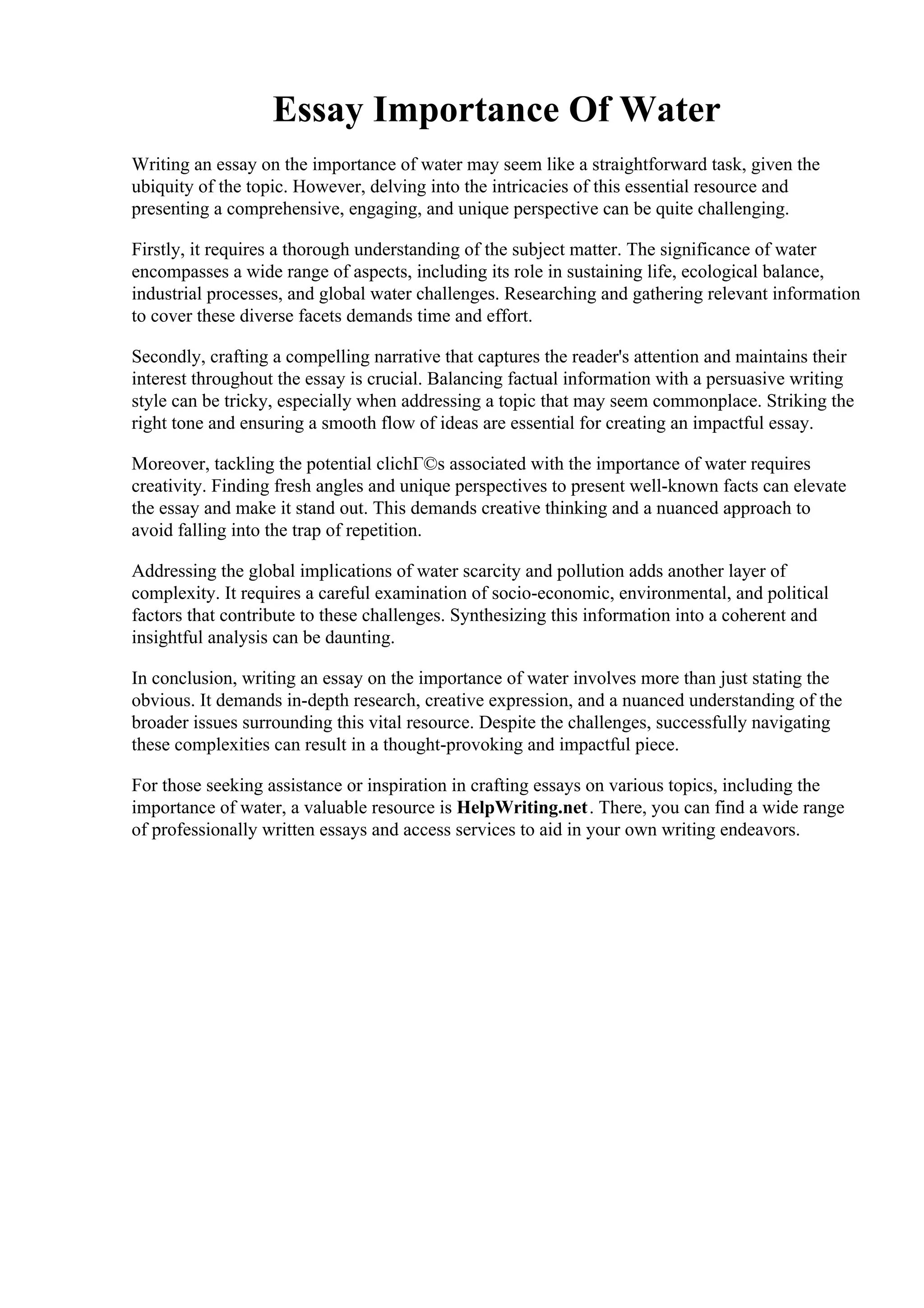 Essay Importance Of Water | PDF
