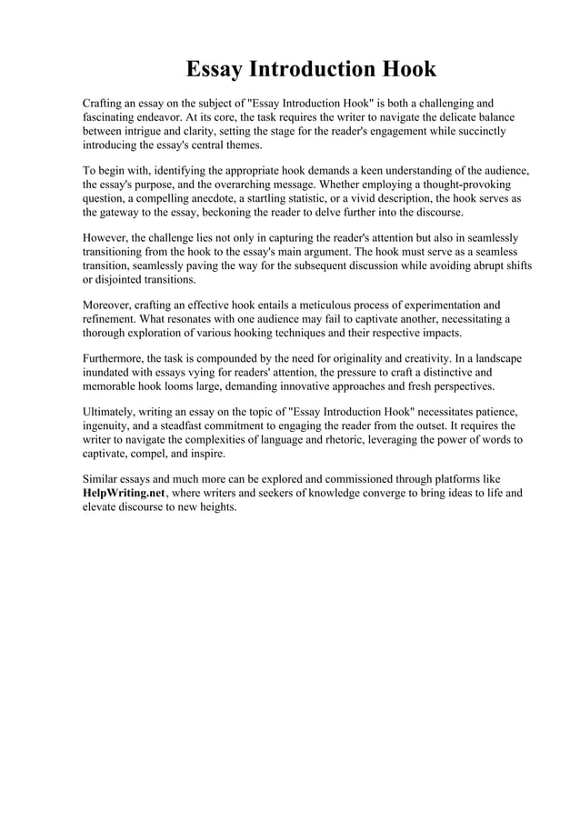 Essay Introduction Hook. How to Write a Hook for an Essay. 11 Hook ...