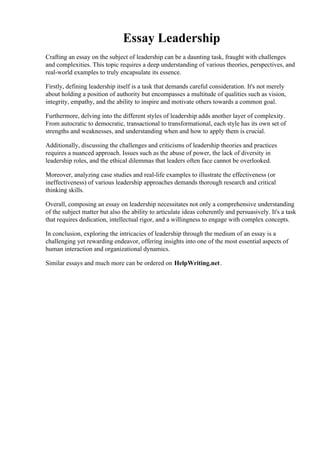 Essay Leadership. Leadership Style Essay | PDF | Brain and Nervous System Disorders | Diseases ...