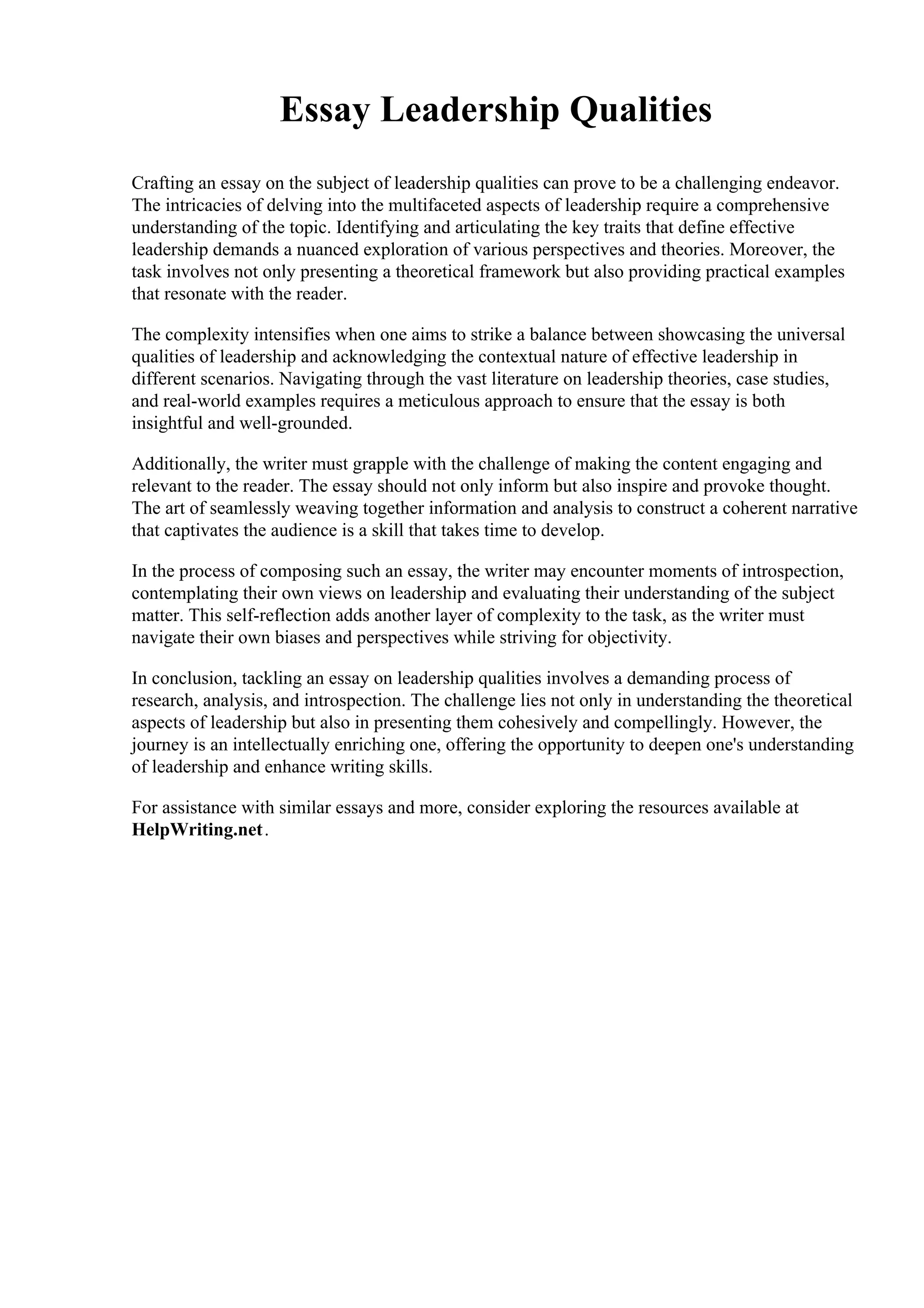 Essay Leadership Qualities. Capital University | PDF