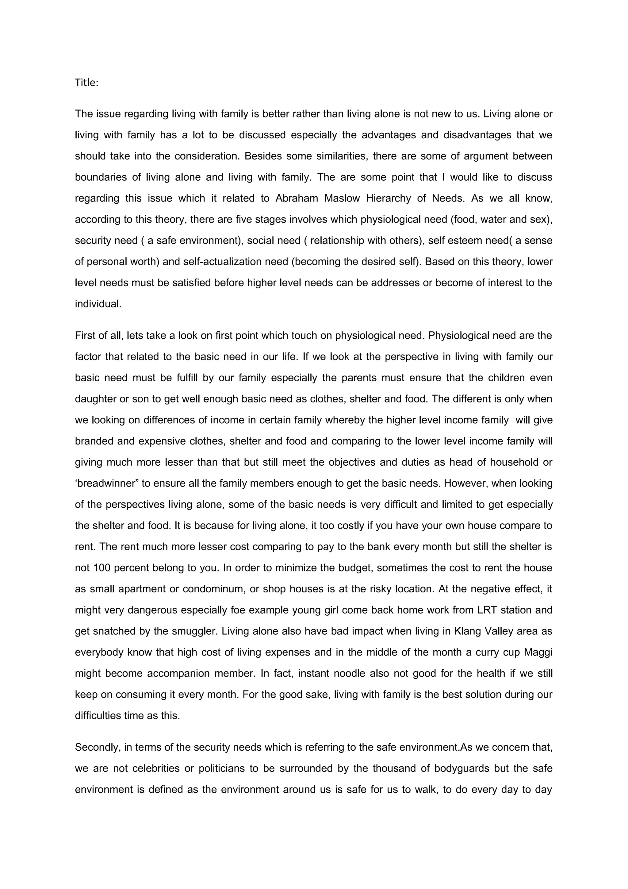 Essay living with family vs living alone | DOC