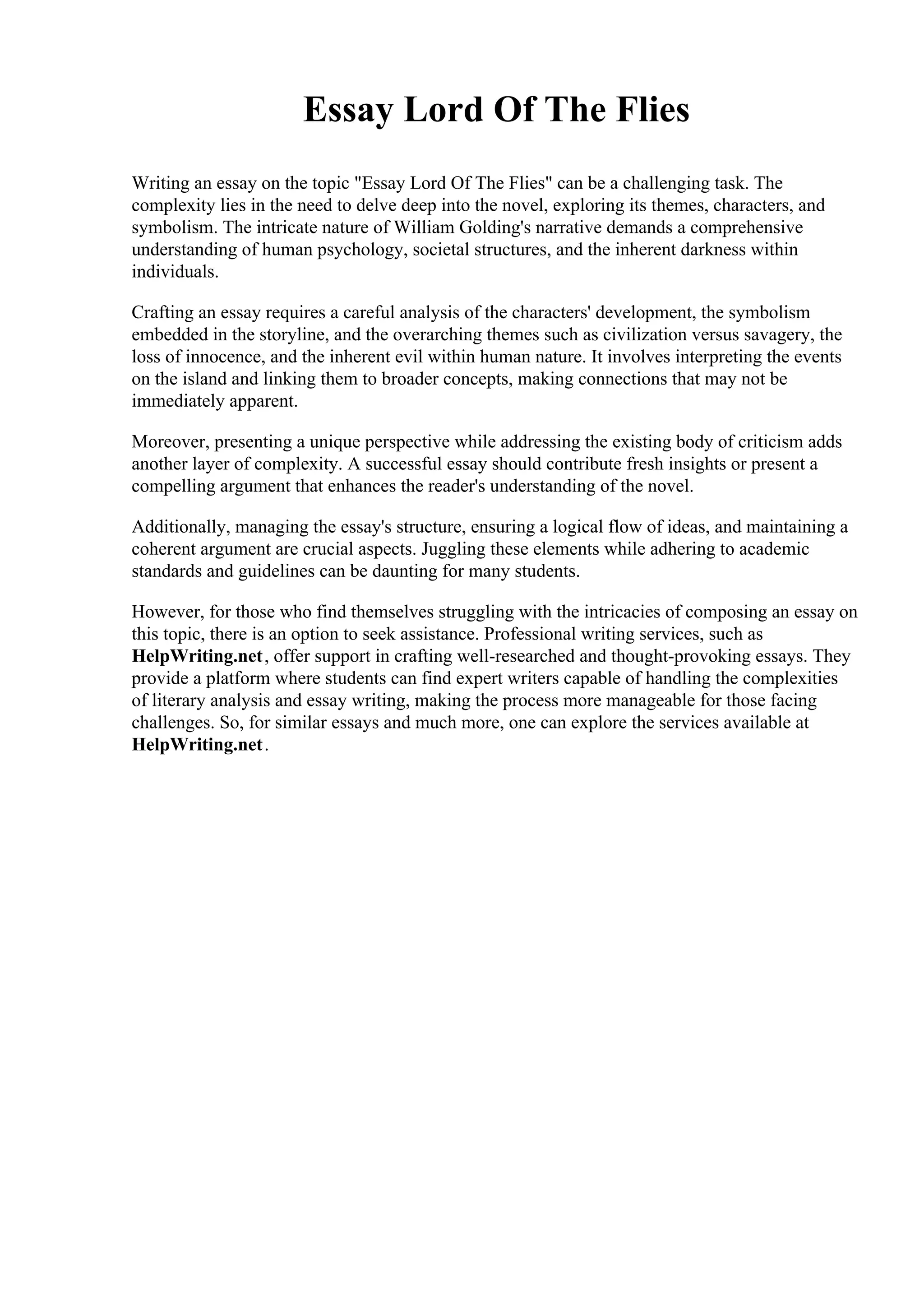 Essay Lord Of The Flies. Montclair State University | PDF