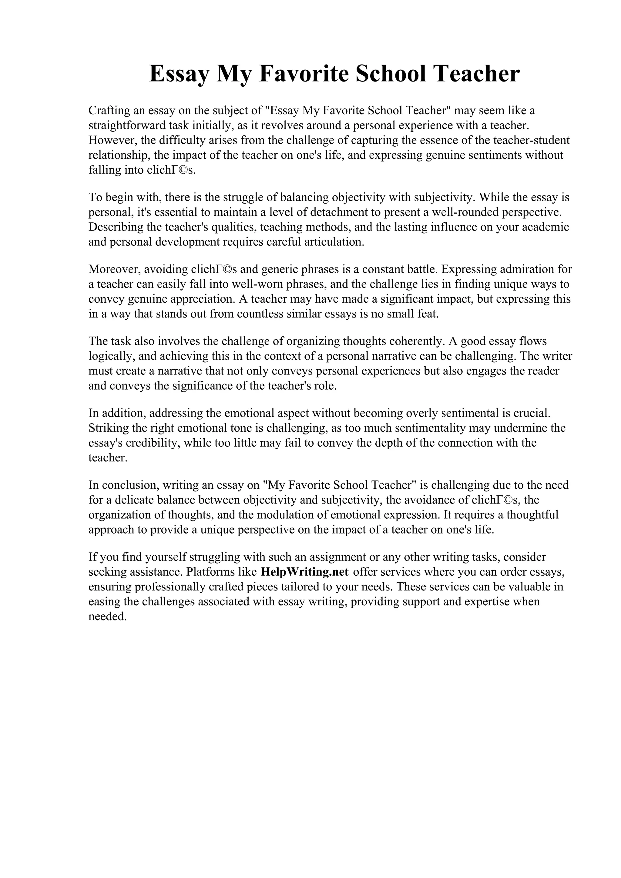 Essay My Favorite School Teacher. Your Favorite Teacher | PDF