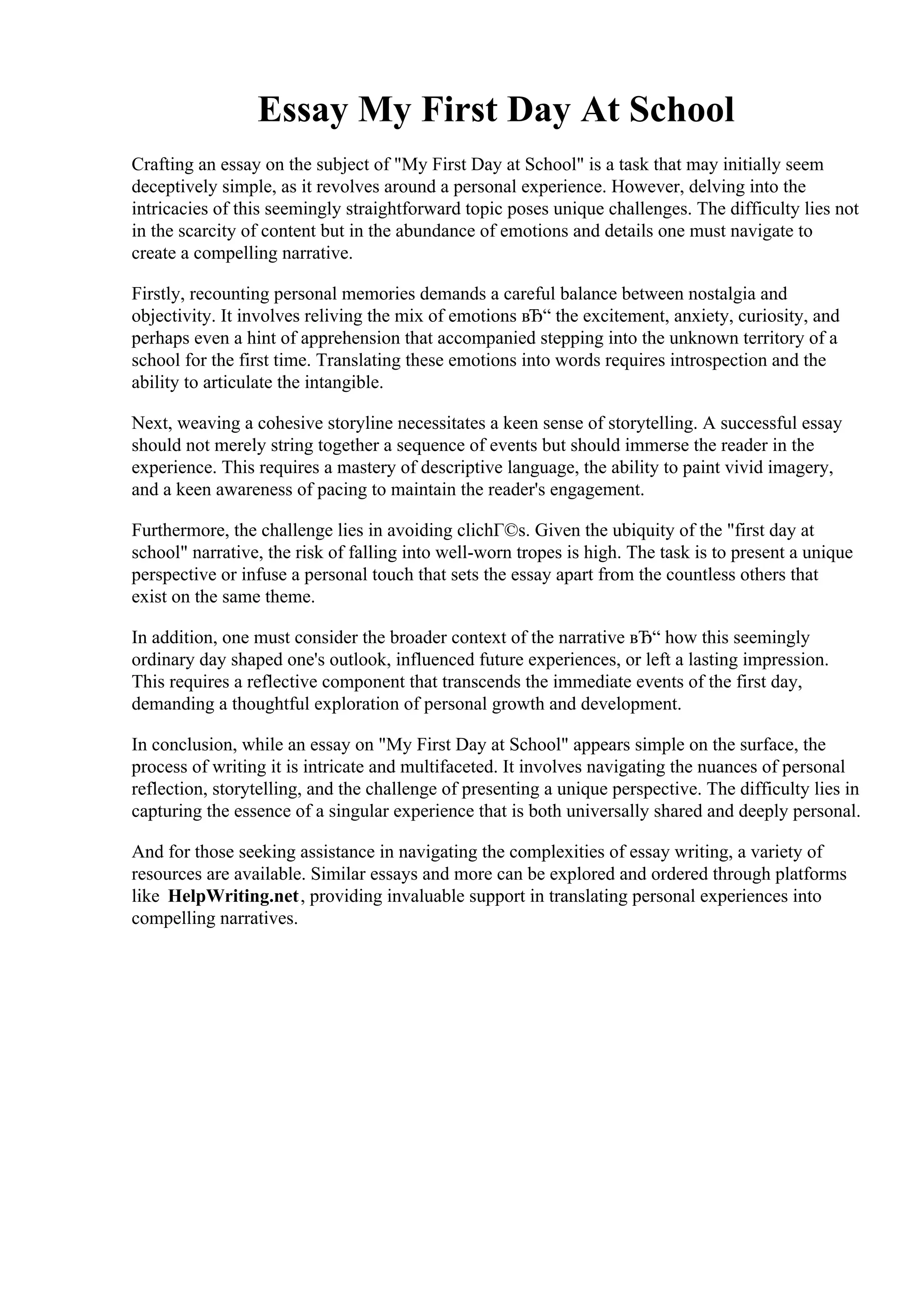 Essay My First Day At School | PDF