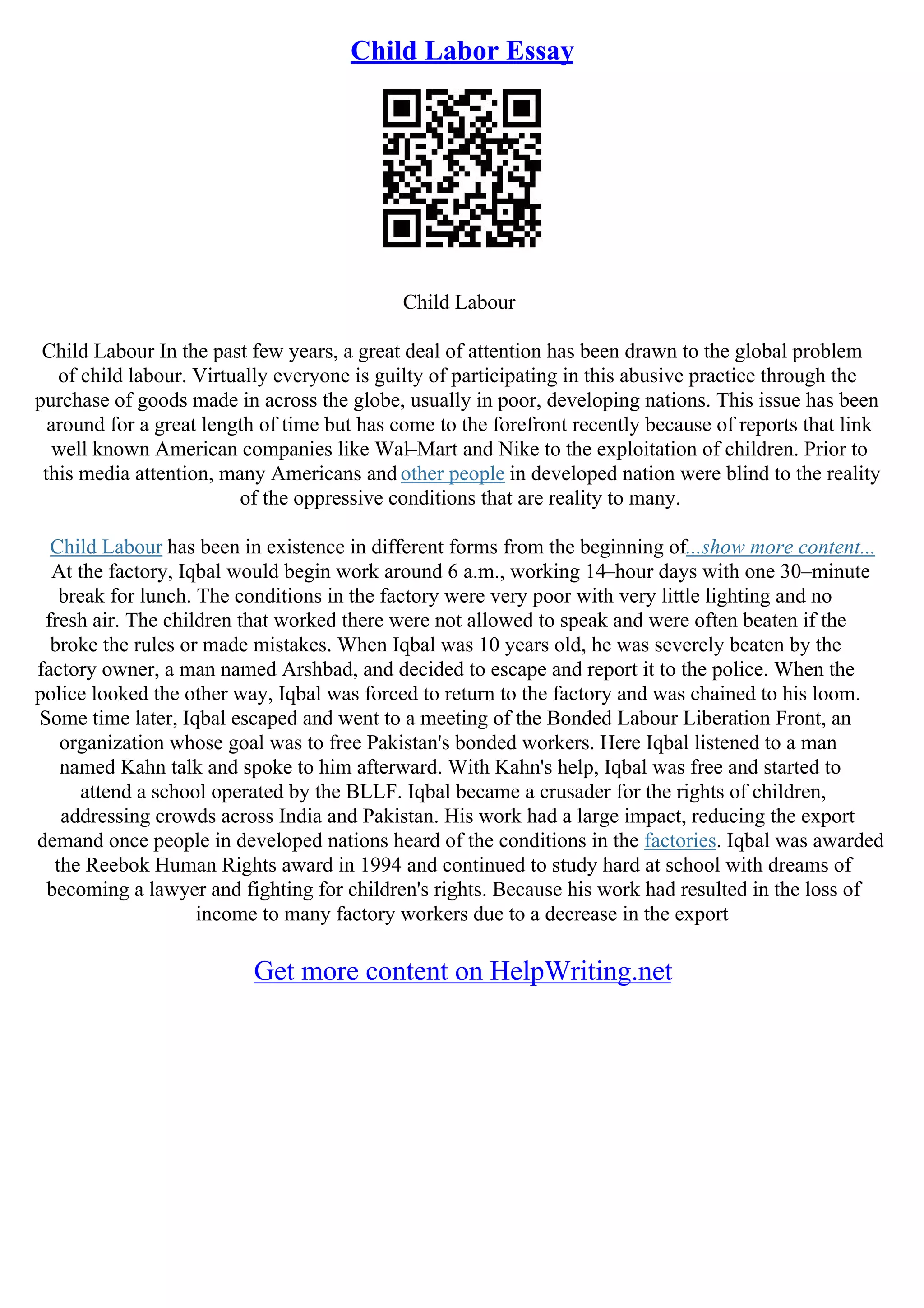 Essay Of Child Labour | PDF