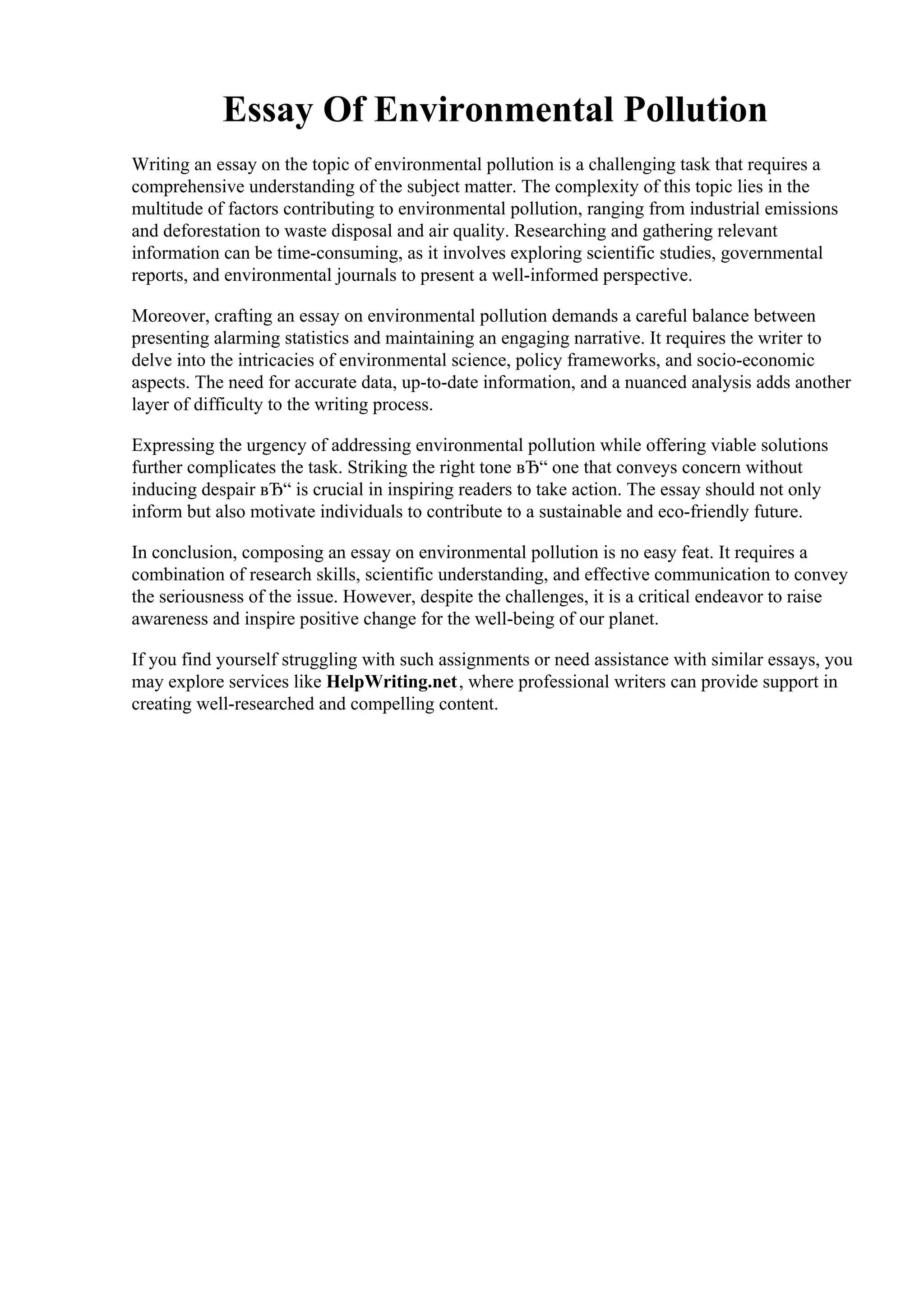 Essay Of Environmental Pollution. 5 Environmental Pollution Essays For ...